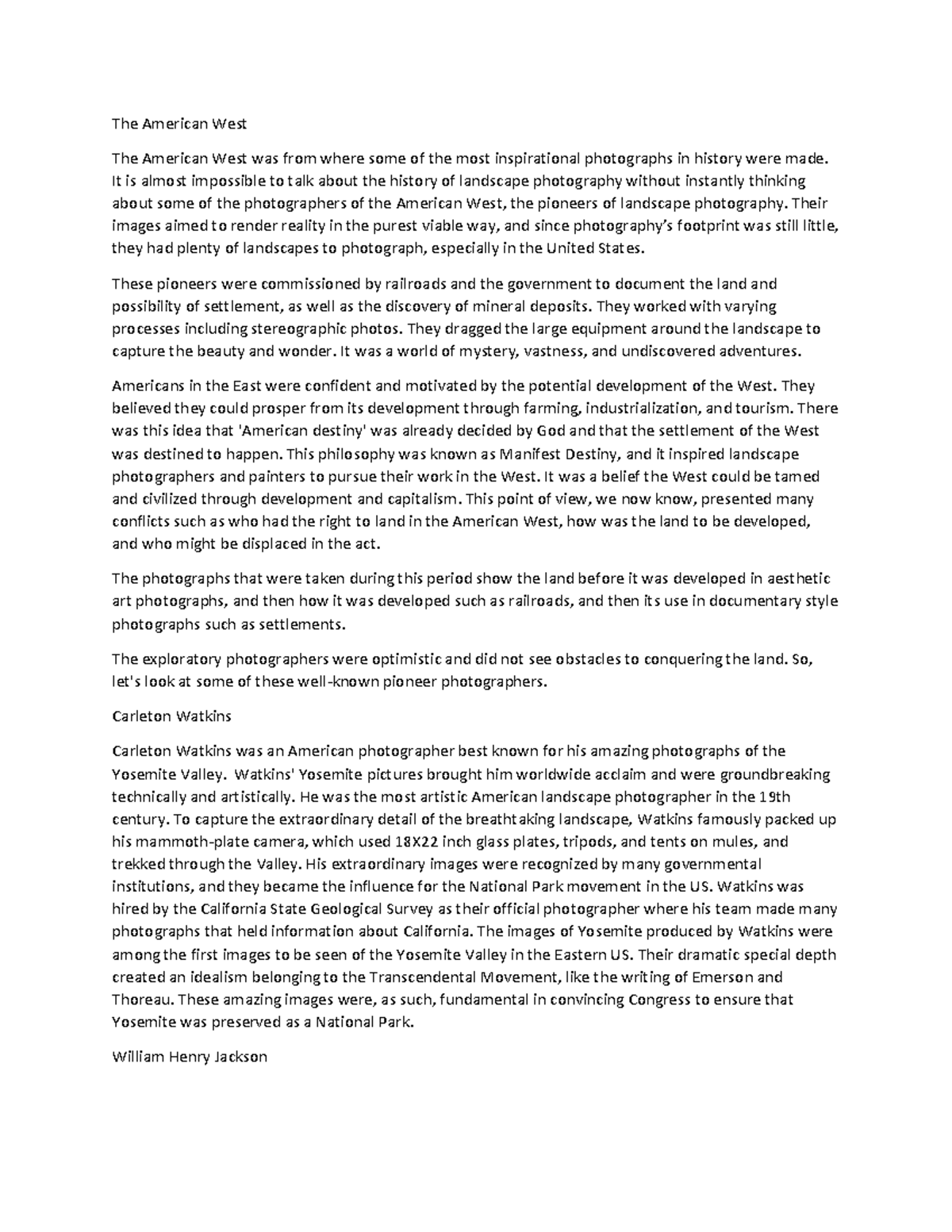 The American West - Week 004 Lecture Notes for History of Photography ...