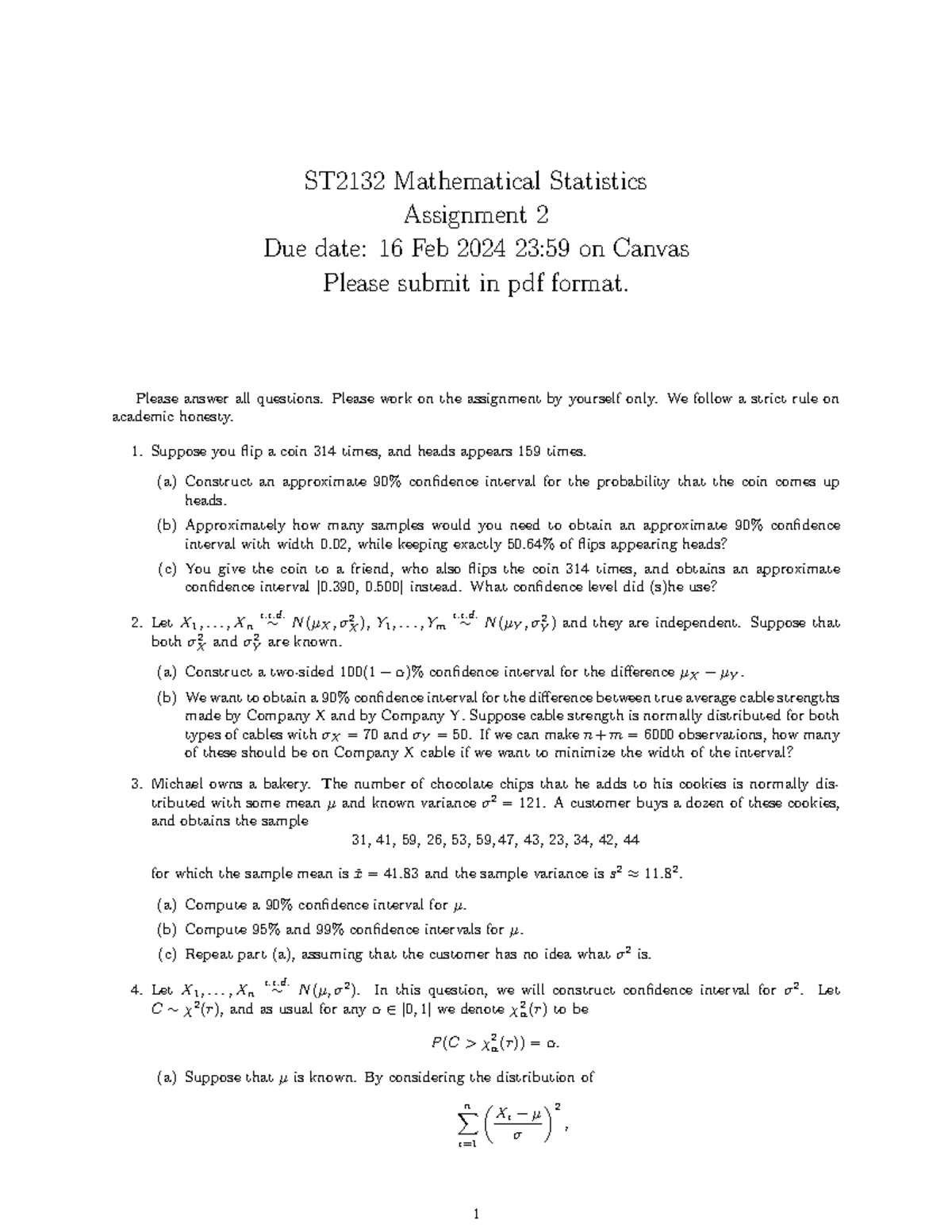 Assignment 2 ST2132 questions only - ST2132 Mathematical Statistics Assignment 2 Due date: 16 ...