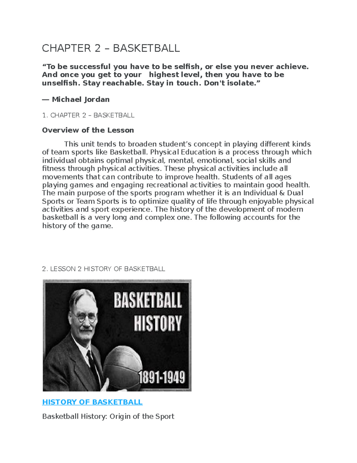 Midterms Lessons- p.e.4- team sports - CHAPTER 2 BASKETBALL be ...