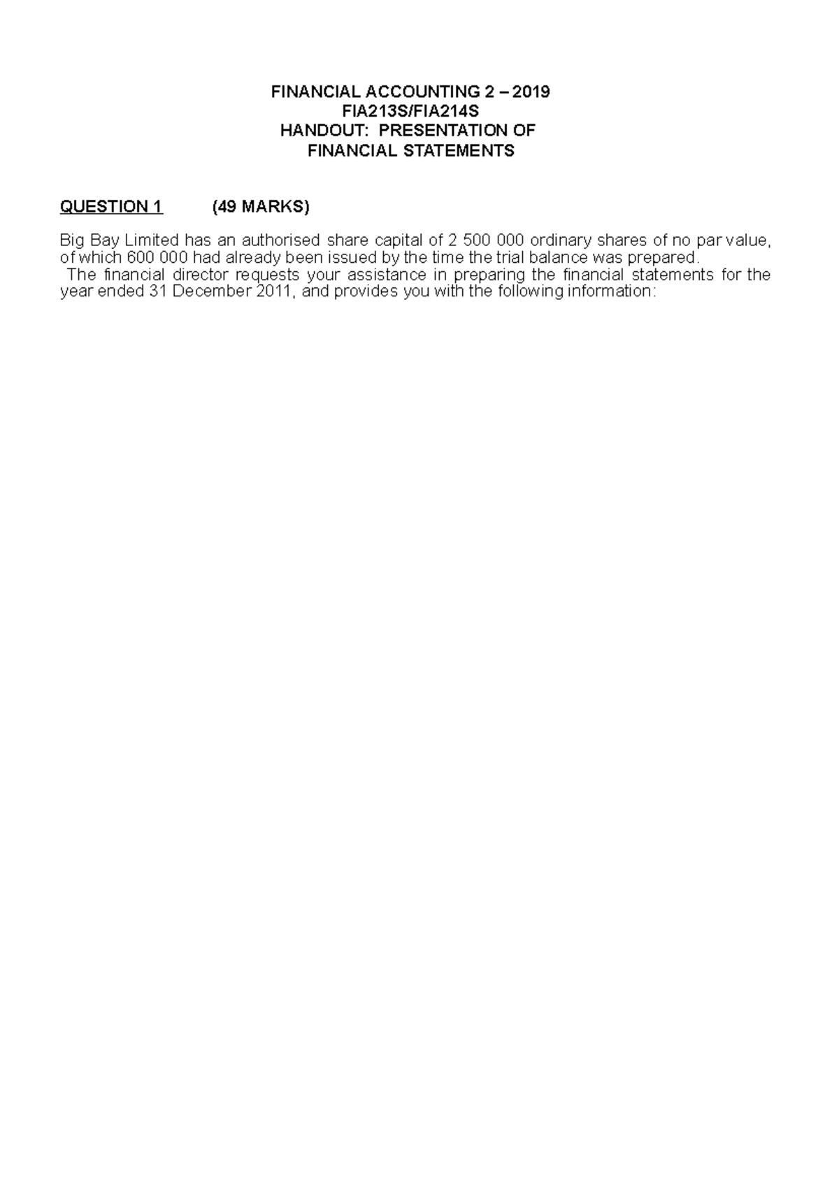 2019 Financial Accounting II. Handout ON SOCI, SOCE, SOFP AND Notes ...
