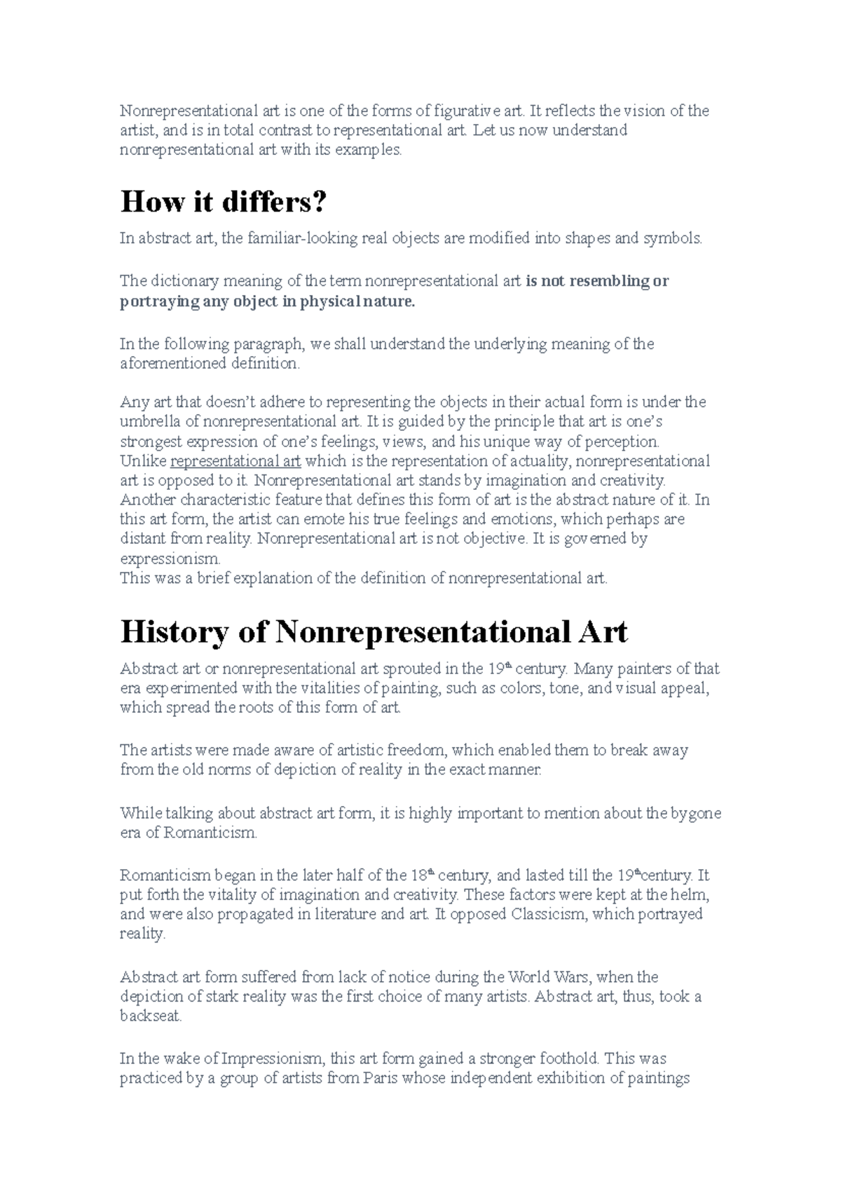 Nonrepresentational art is one of the forms of figurative art - It ...