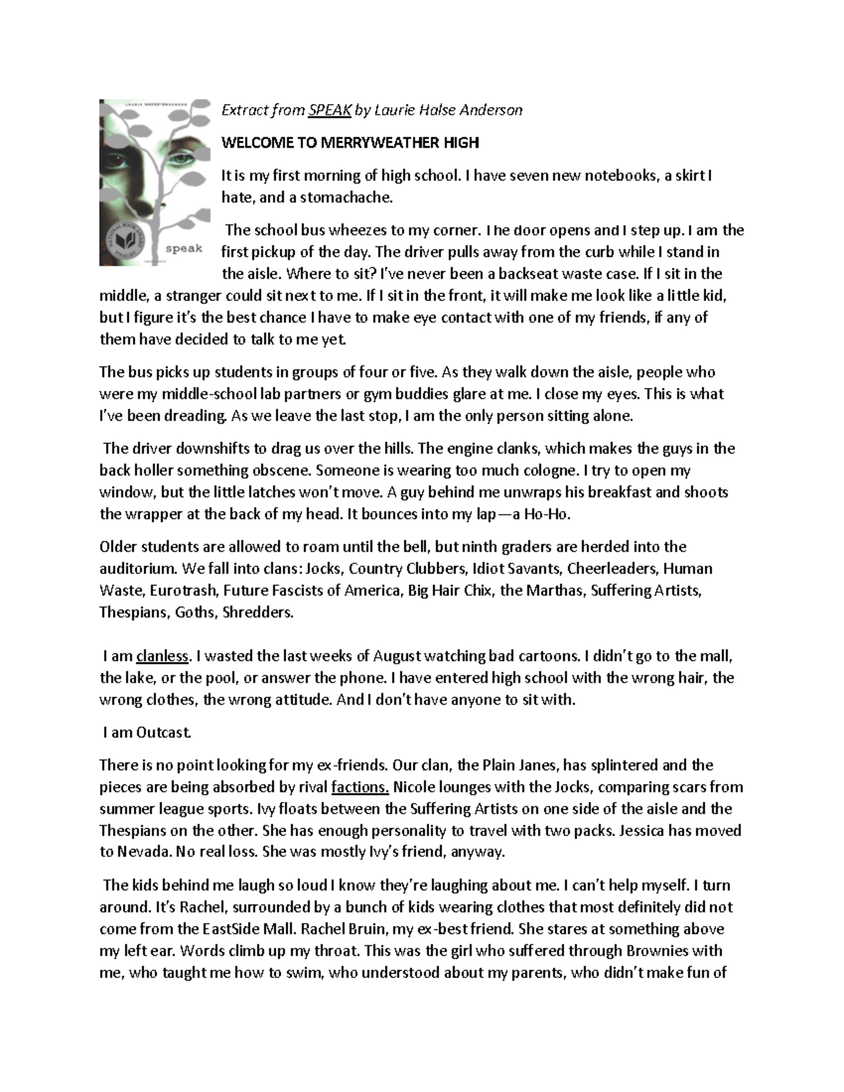 Speak by Laurie Halse Anderson - Extract from SPEAK by Laurie Halse ...