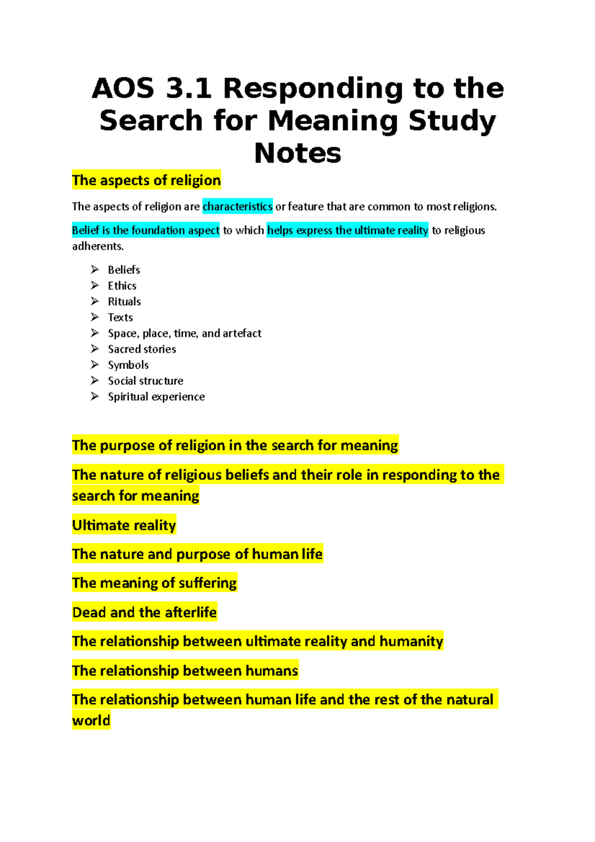 AOS 3.1 Responding to the Search for meaning Study notes - AOS 3 ...
