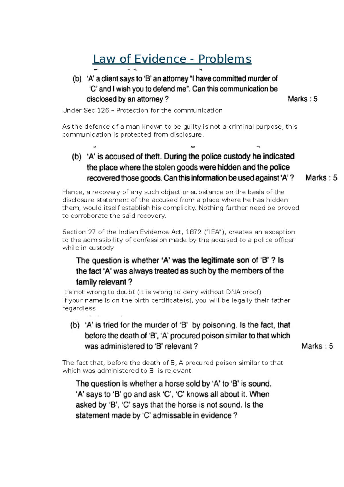 Law of Evidence-Problems - Law of Evidence - Problems Under Sec 126 ...