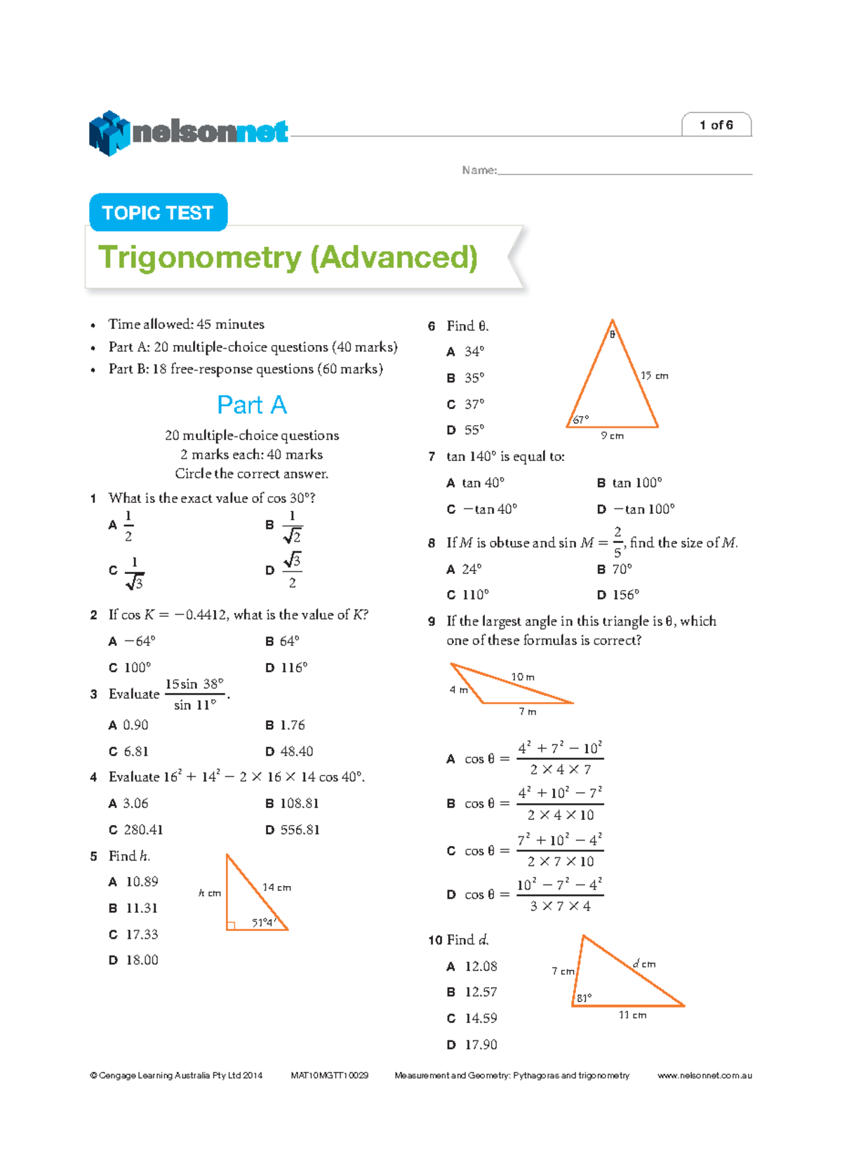 Year 10 Trig TT - Trig topic test - Name: • Time allowed: 45 minutes ...