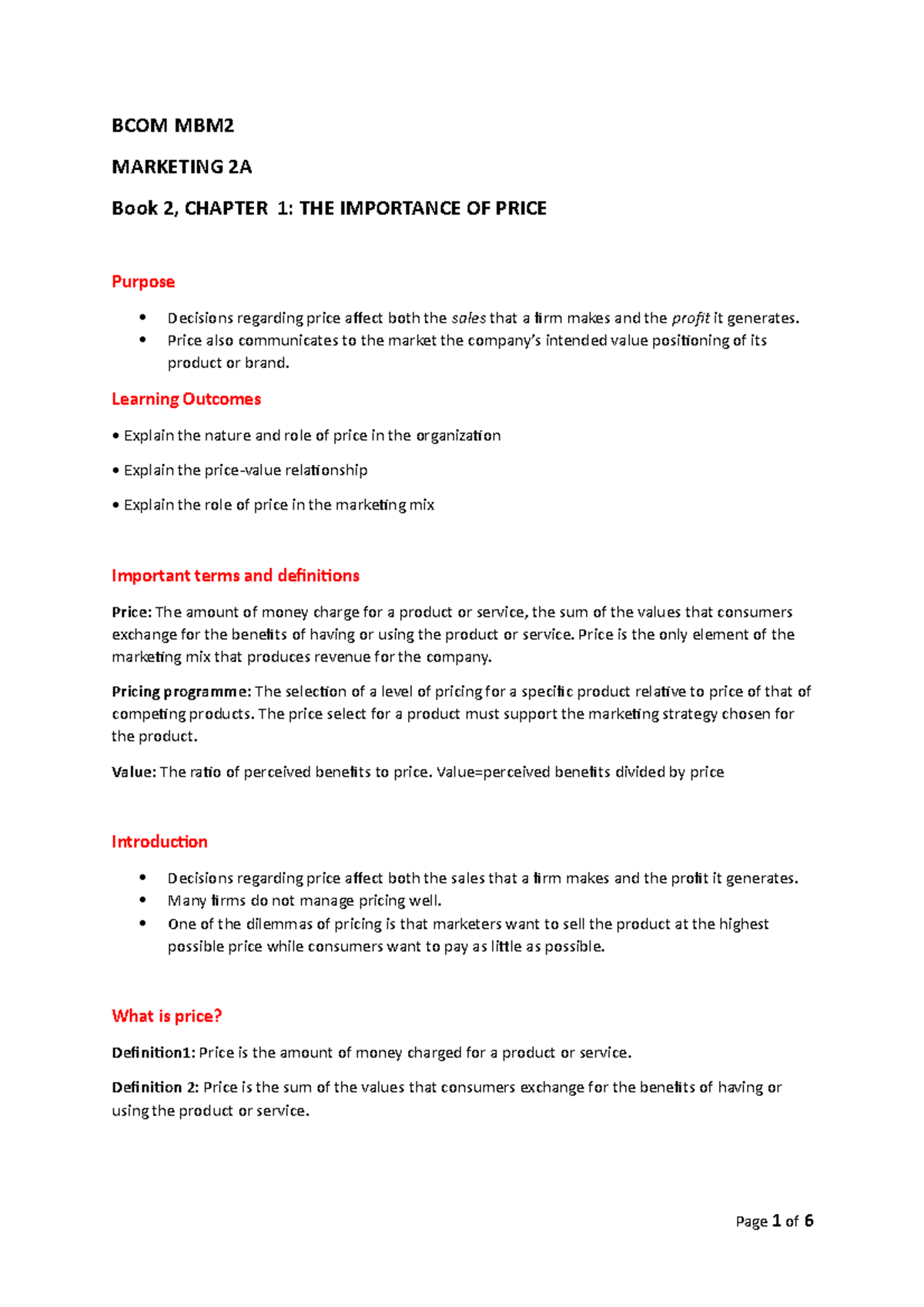 The Importance of Price - BCOM MBM MARKETING 2A Book 2, CHAPTER 1: THE IMPORTANCE OF PRICE ...