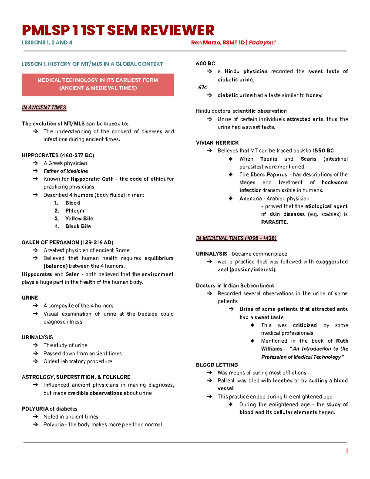 Pmlsp 1 First SEM Reviewer - LESSONS 1, 2 AND 4 Ren Marzo, BSMT 1D ...