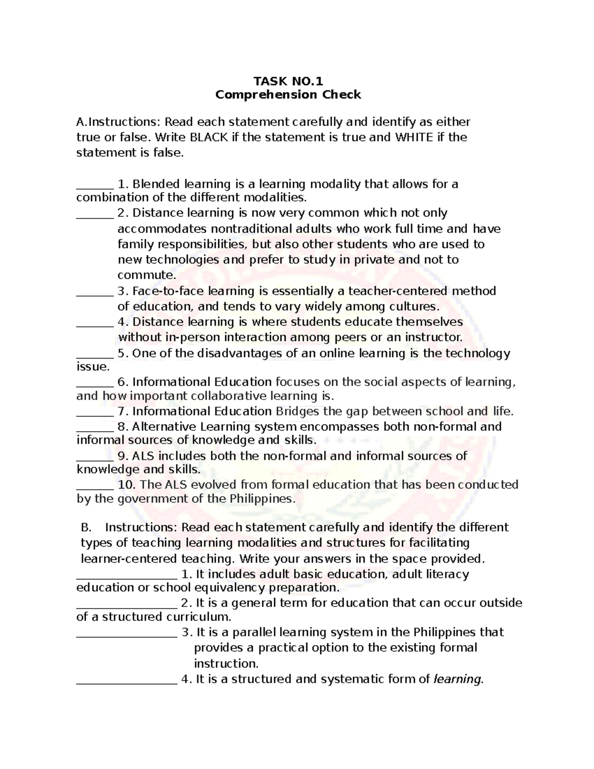Unit 3, Lesson 1 Activity - TASK NO. Comprehension Check A: Read each ...
