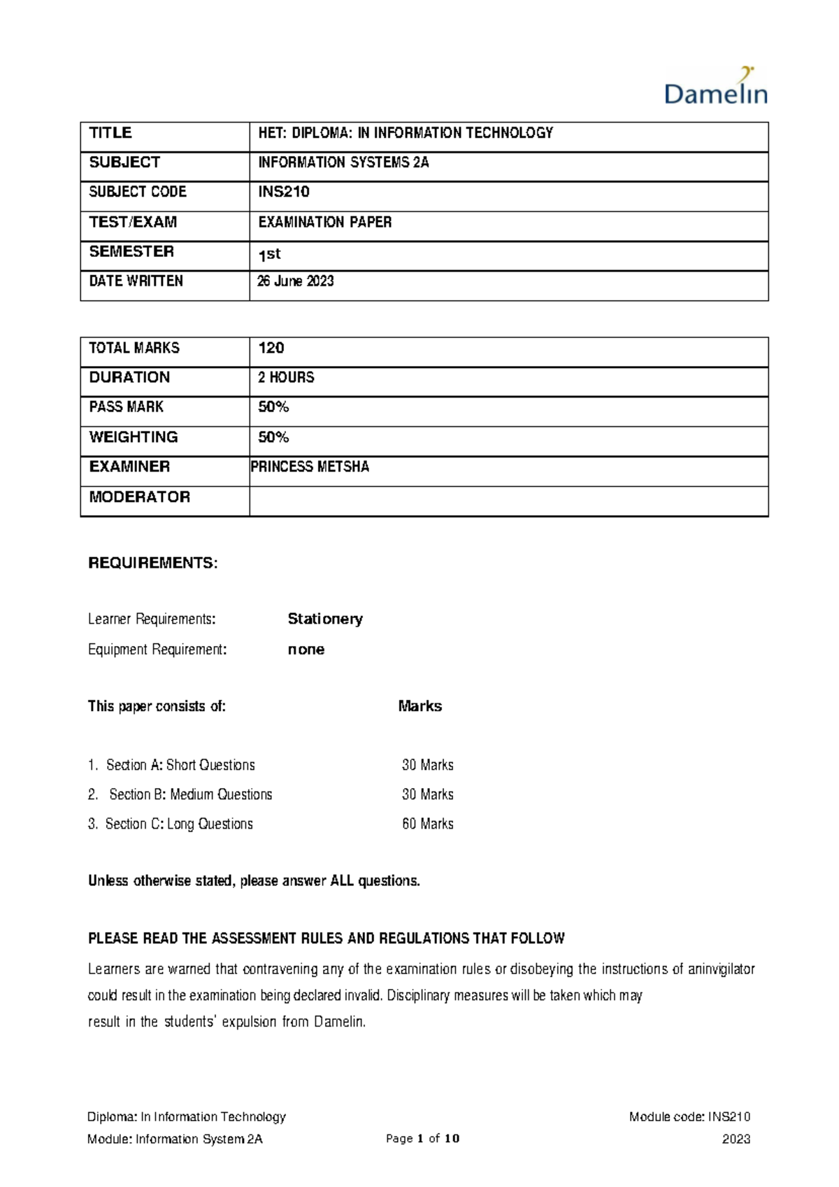 Information System 2A Special Exam 2019 - Diploma: In Information ...