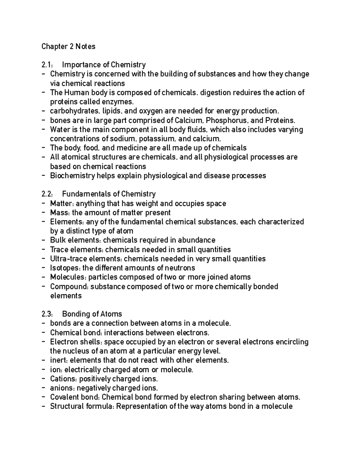 Bio 2006 Chapter 2 Notes Chapter 2 Notes 2 Importance Of Chemistry