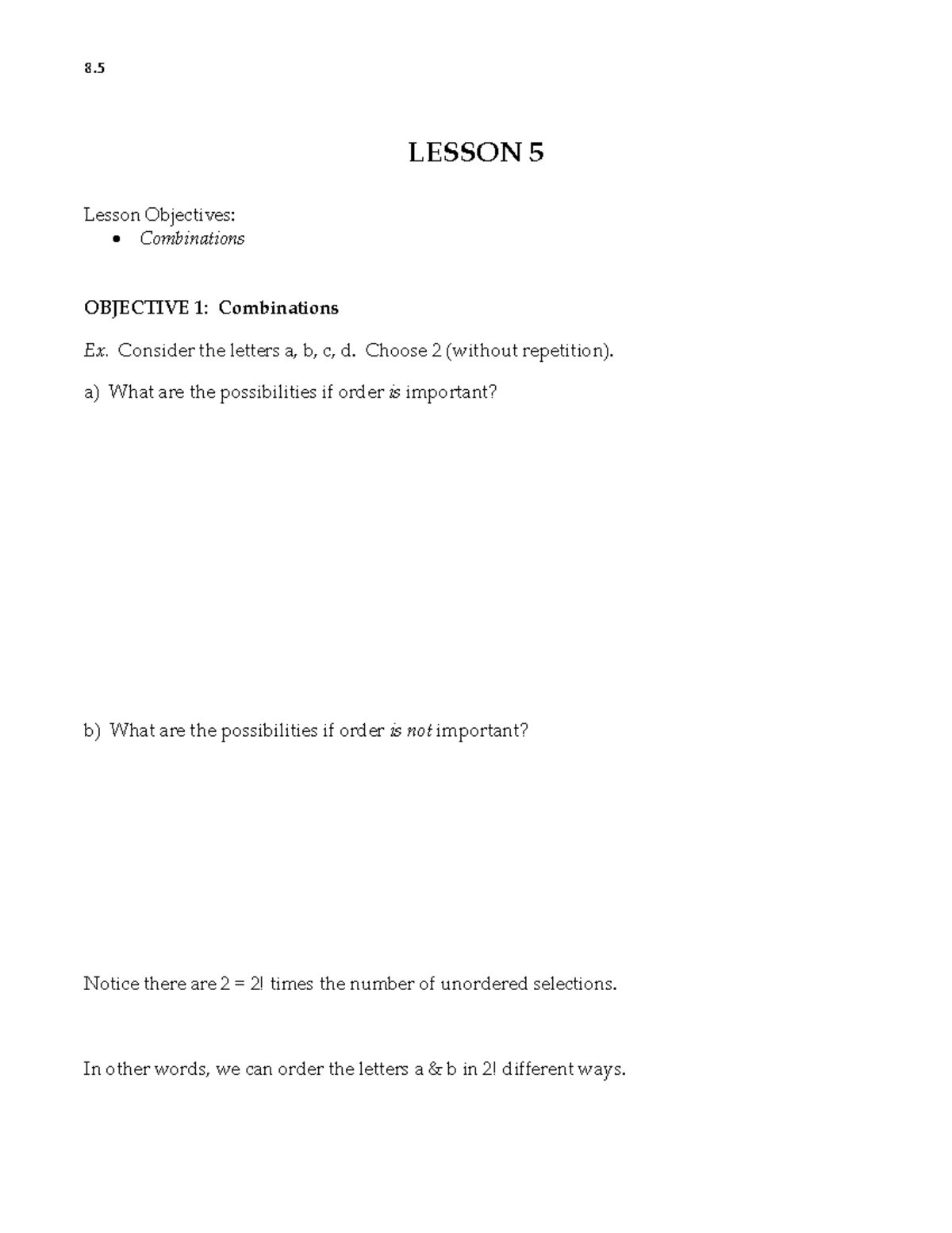 Lesson 5[1035] - LESSON 5 Lesson Objectives: Combinations OBJECTIVE 1 ...