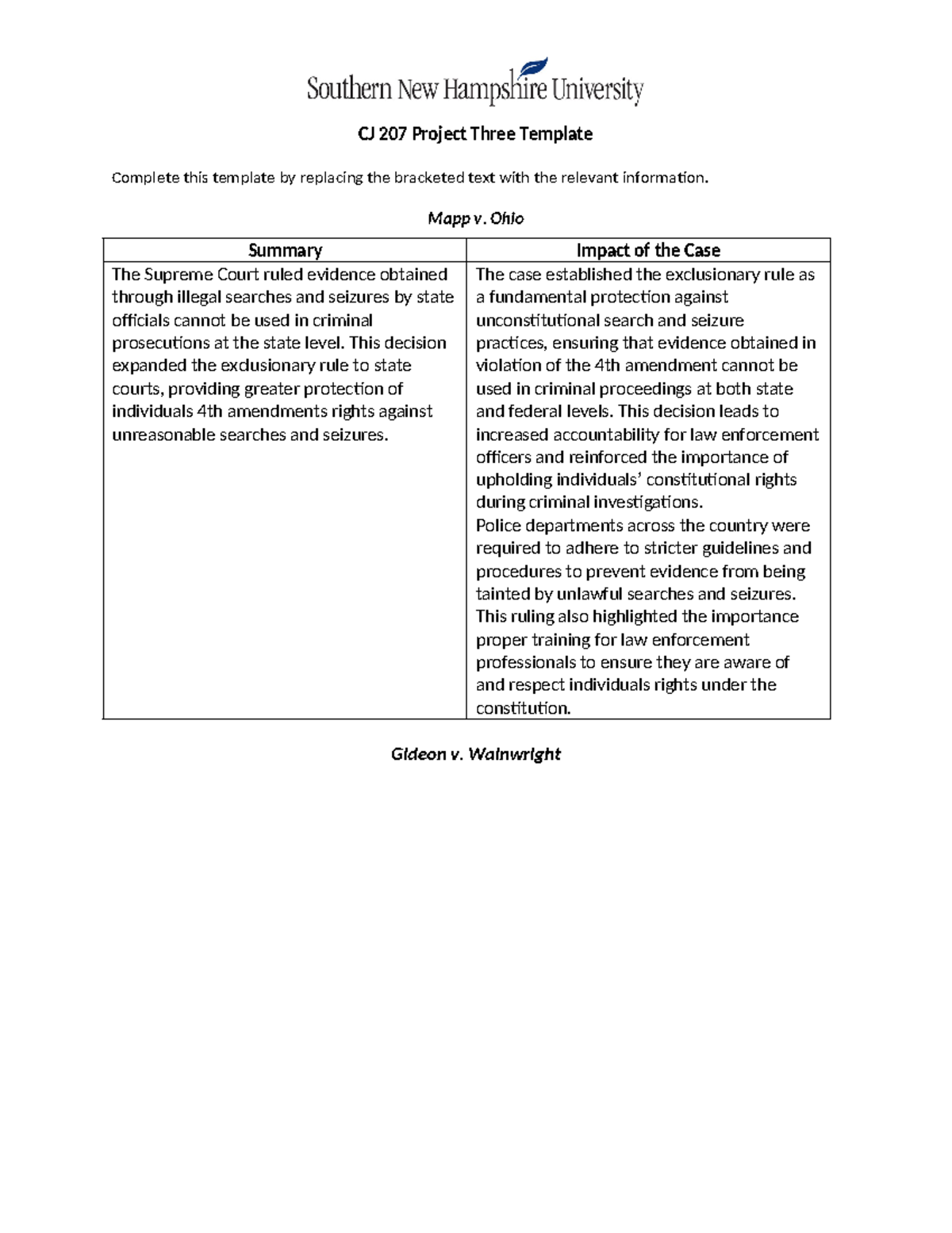 CJ 207 Project Three - Mapp v. Ohio Summary Impact of the Case The ...