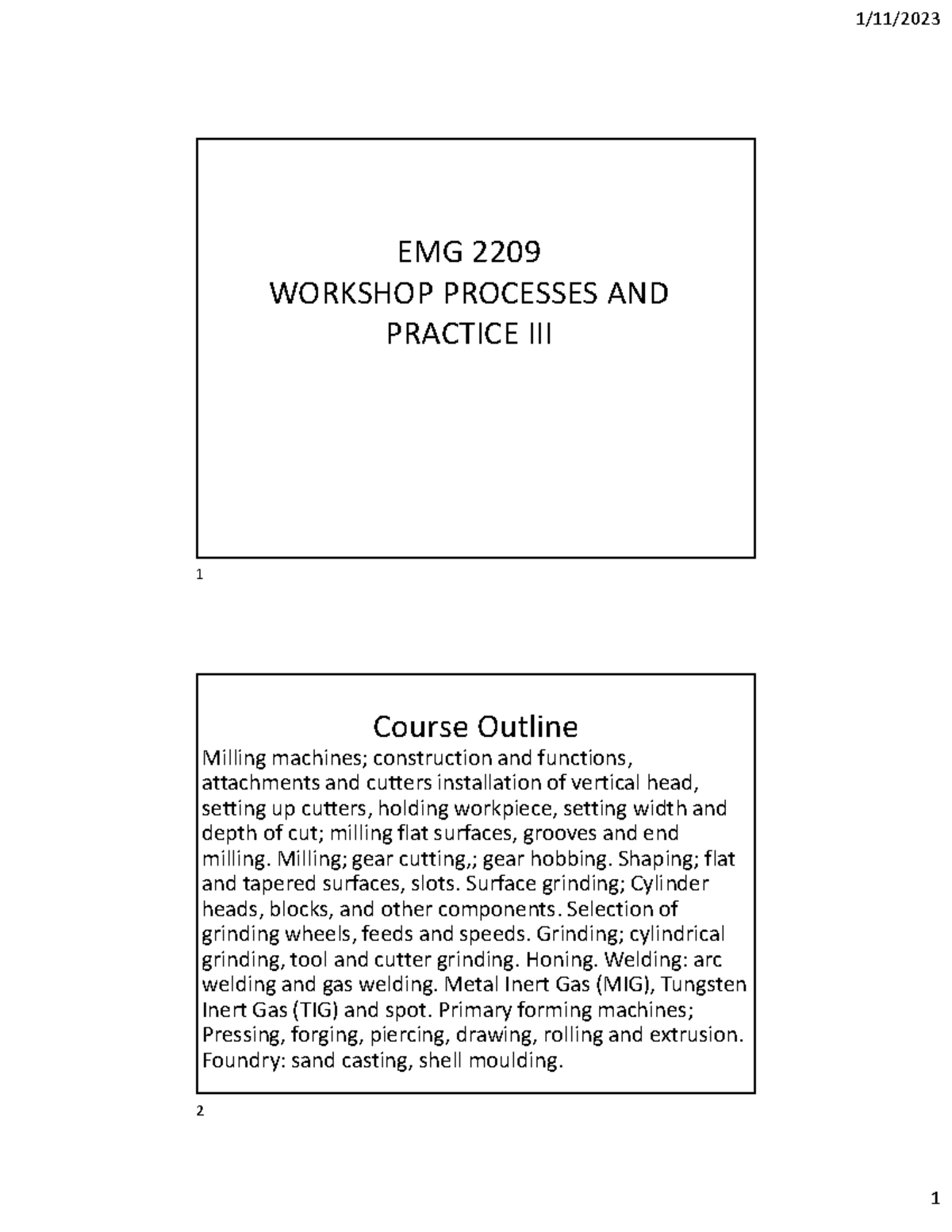 Casting - Notes - EMG 2209 WORKSHOP PROCESSES AND PRACTICE III Course ...