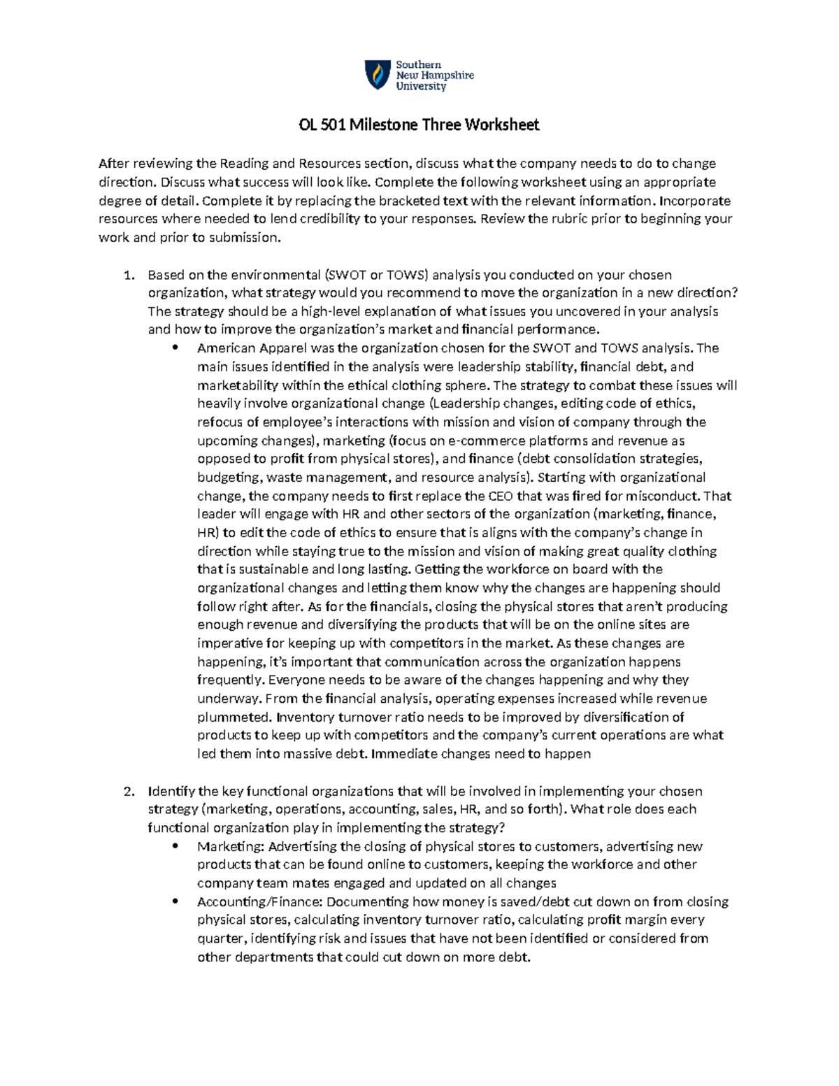 OL 501 Milestone Three Worksheet - OL 501 Milestone Three Worksheet After reviewing the Reading ...