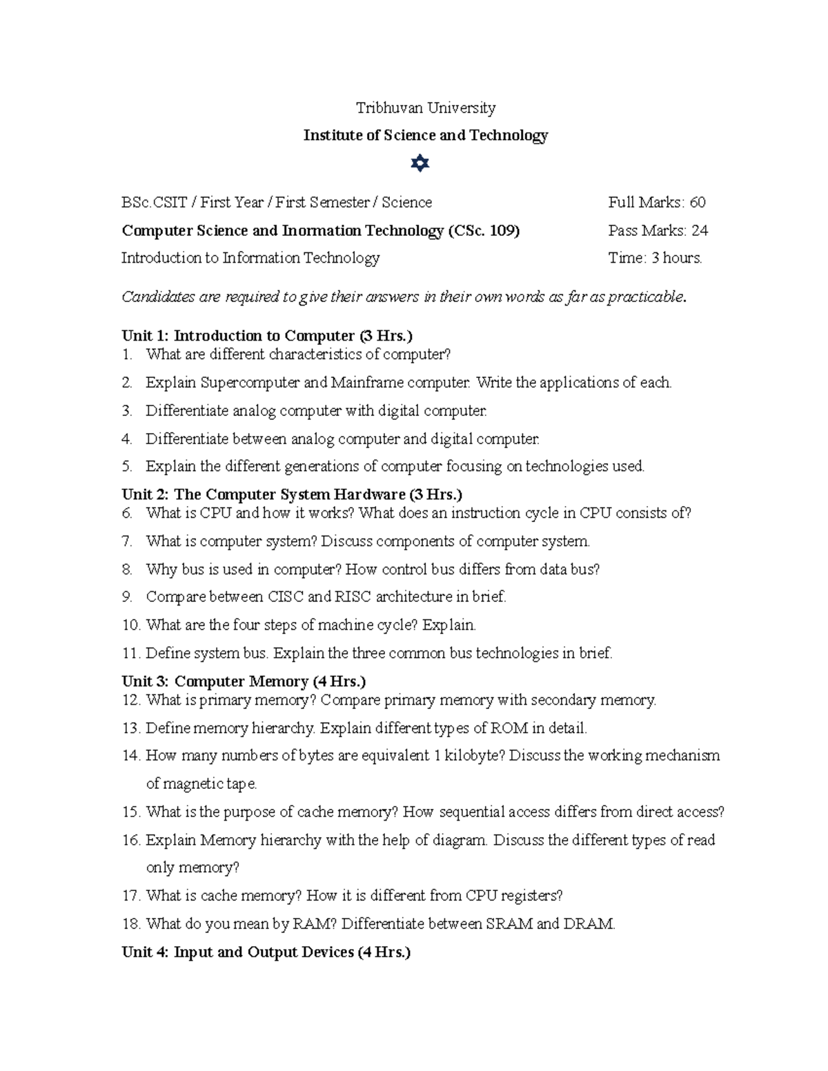 IIT question for practice - Tribhuvan University Institute of Science ...