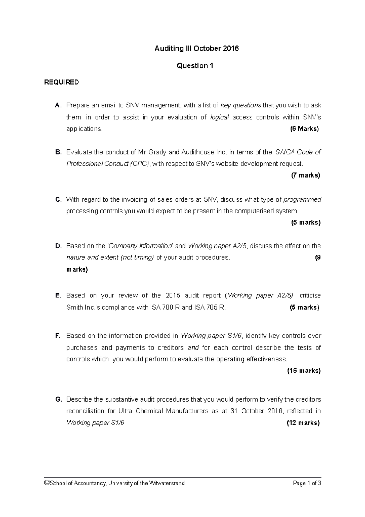 Exam November 2016, questions - Auditing III October 2016 Question 1 ...