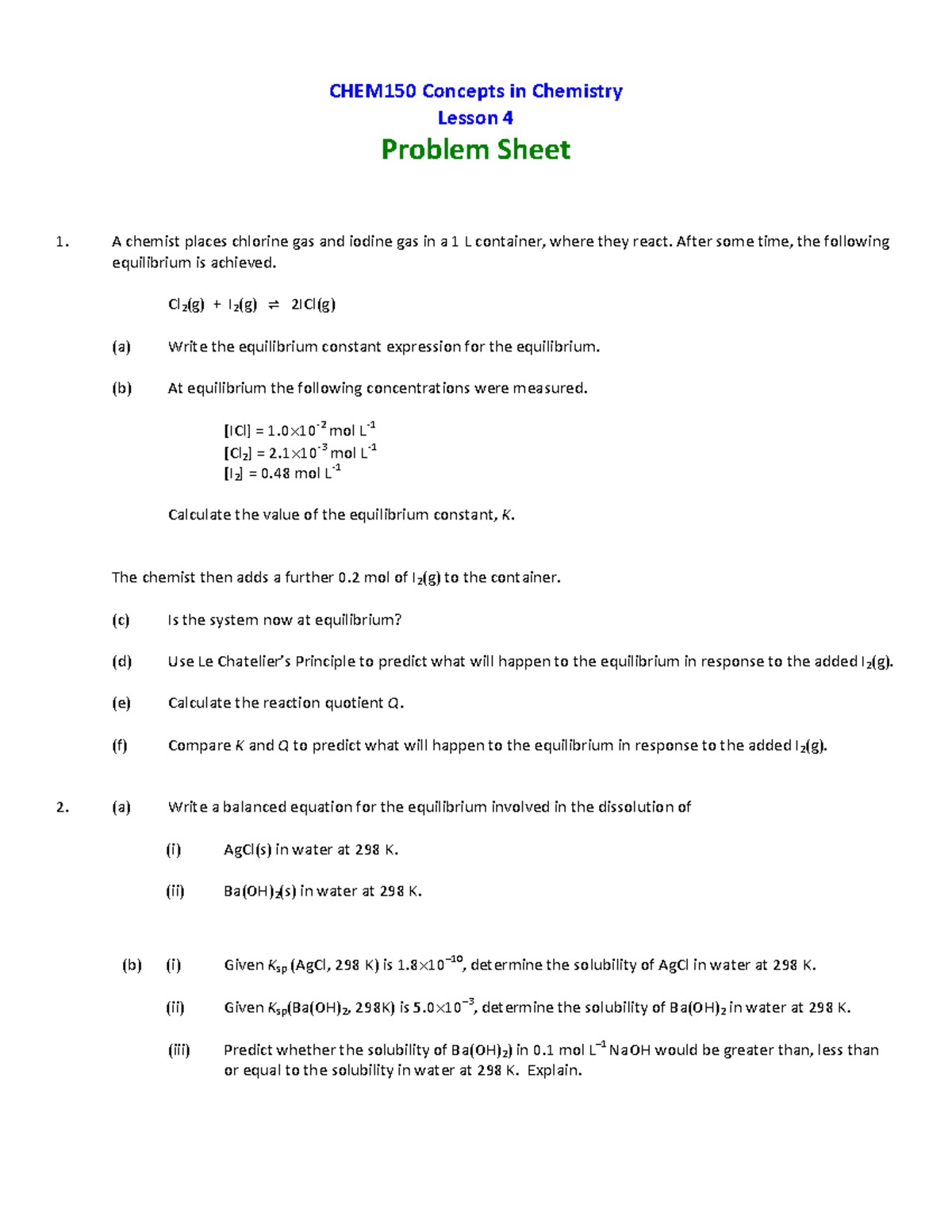 Problem Sheet 4 question - CHEM150 Concepts in Chemistry Lesson Problem ...