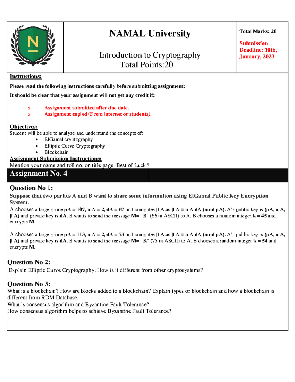 63b80c29adabf Crypto Assignment No - NAMAL University Introduction to Cryptography Total Points ...