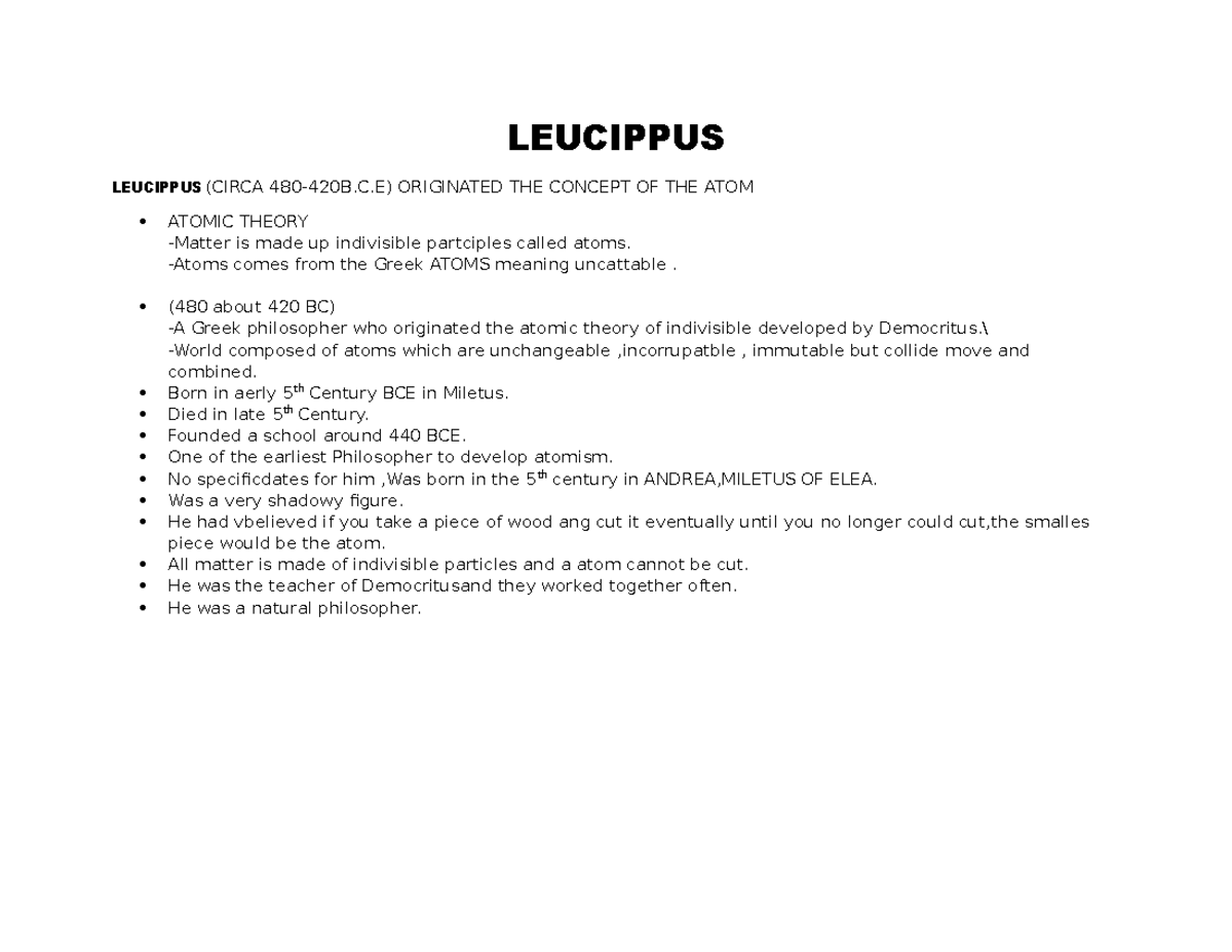 [ Pyshical Science - extra info - LEUCIPPUS LEUCIPPUS (CIRCA 480-420B.C ...