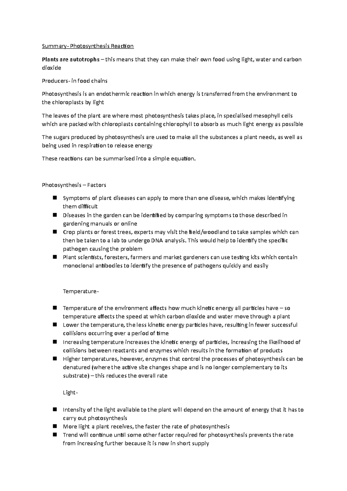 Summary- Photosynthesis - Photosynthesis – Factors Symptoms of plant ...