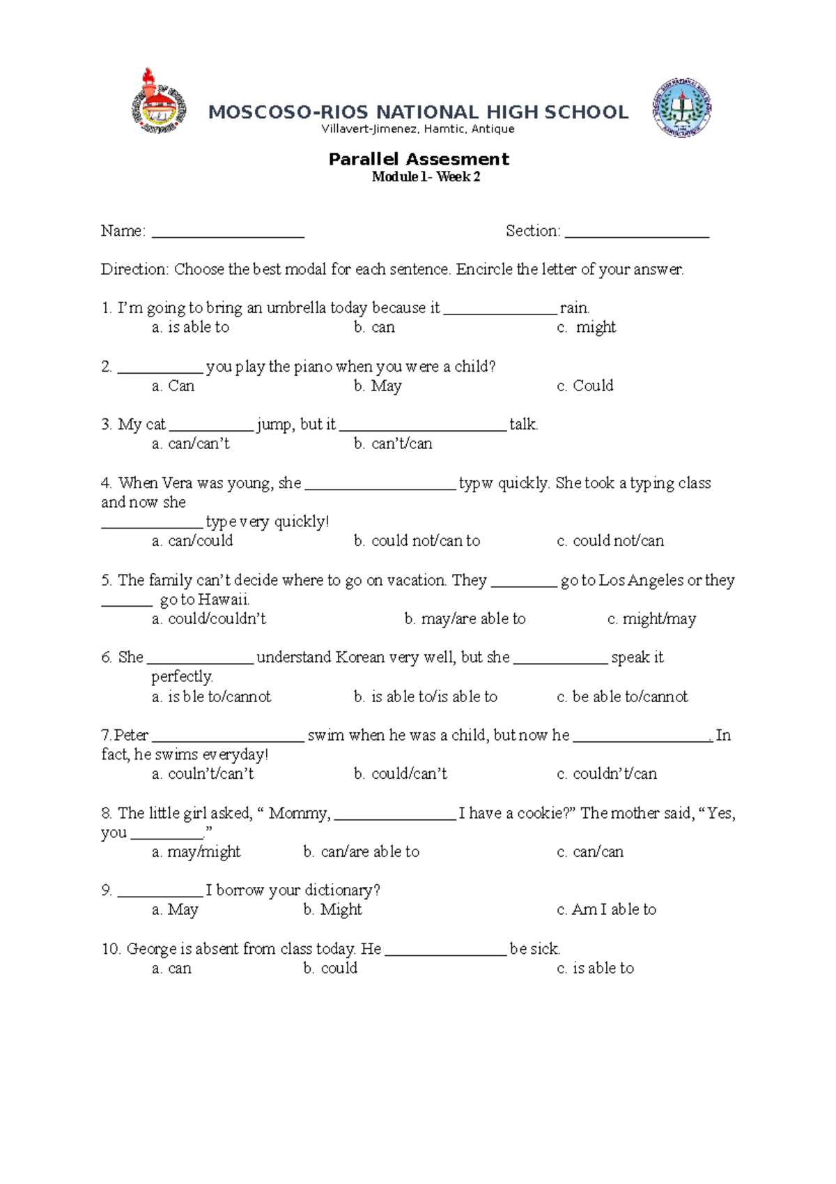 Parallel Exam for 9th grade - MOSCOSO-RIOS NATIONAL HIGH SCHOOL ...
