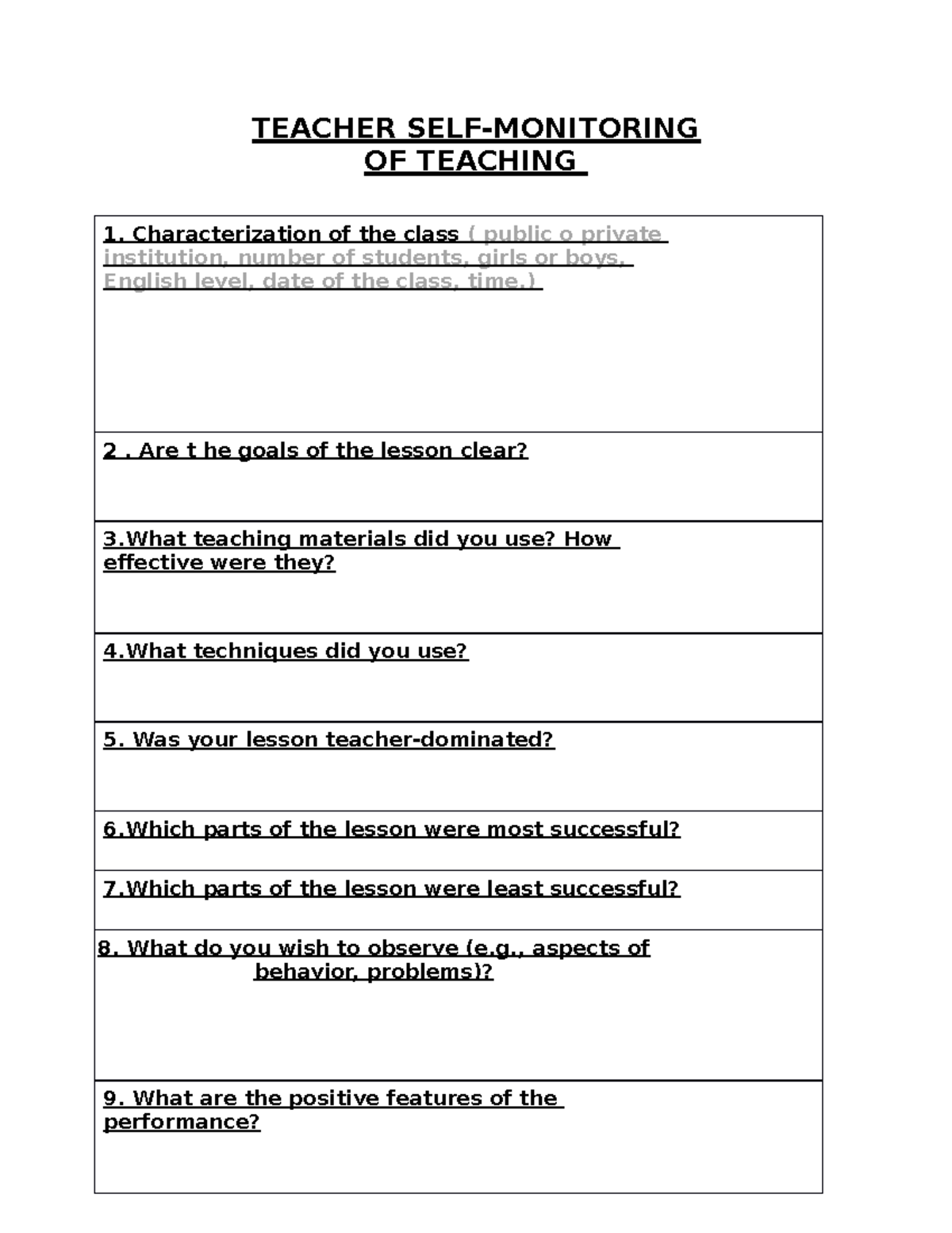 Teacher self monitoring of Teaching - TEACHER SELF-MONITORING OF ...