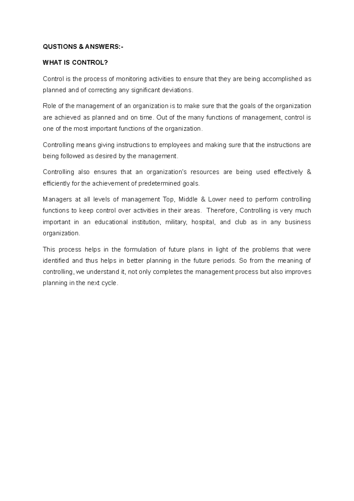 Questions Controling MGT420 - QUSTIONS & ANSWERS:- WHAT IS CONTROL ...