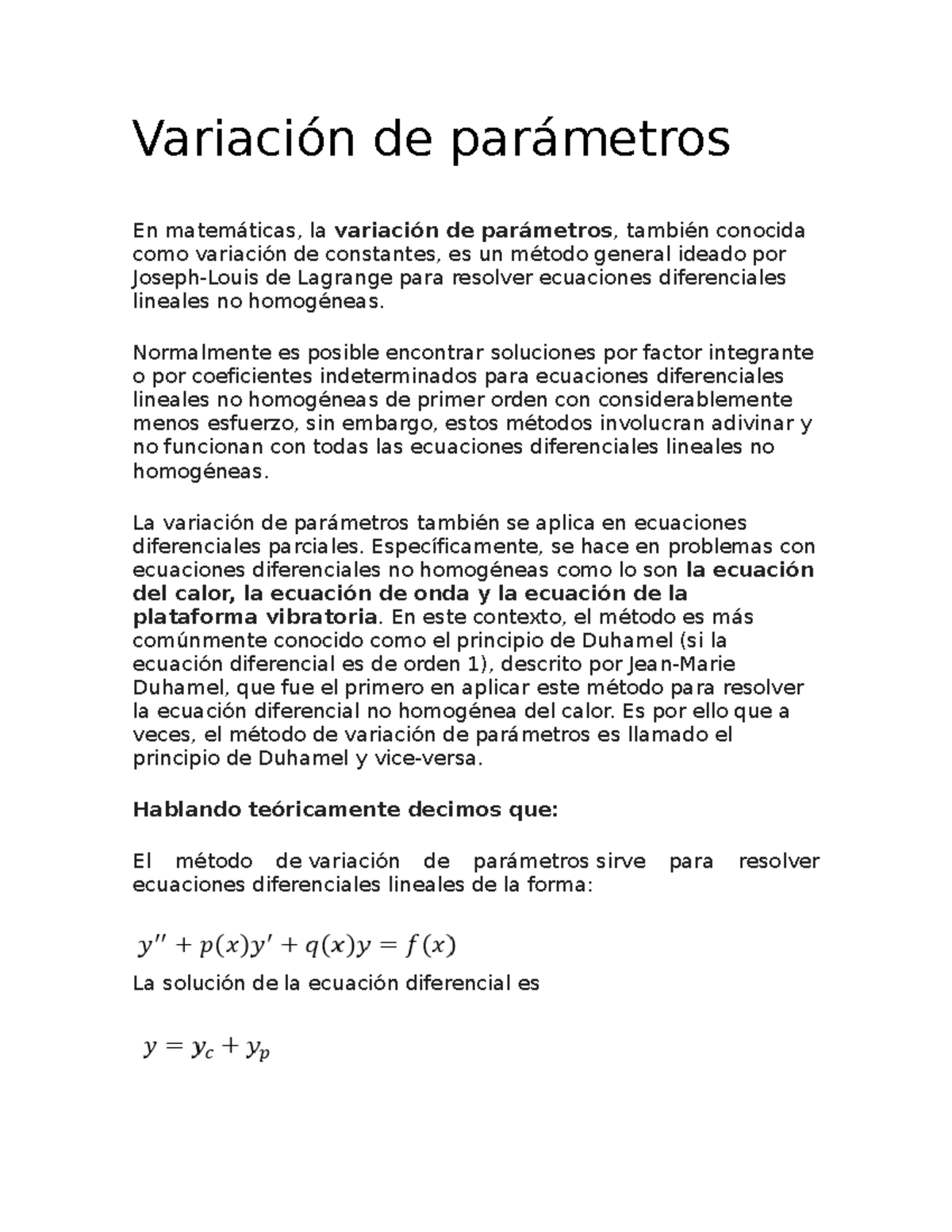 Variación de parámetros - Variación de parámetros En matemáticas, la ...