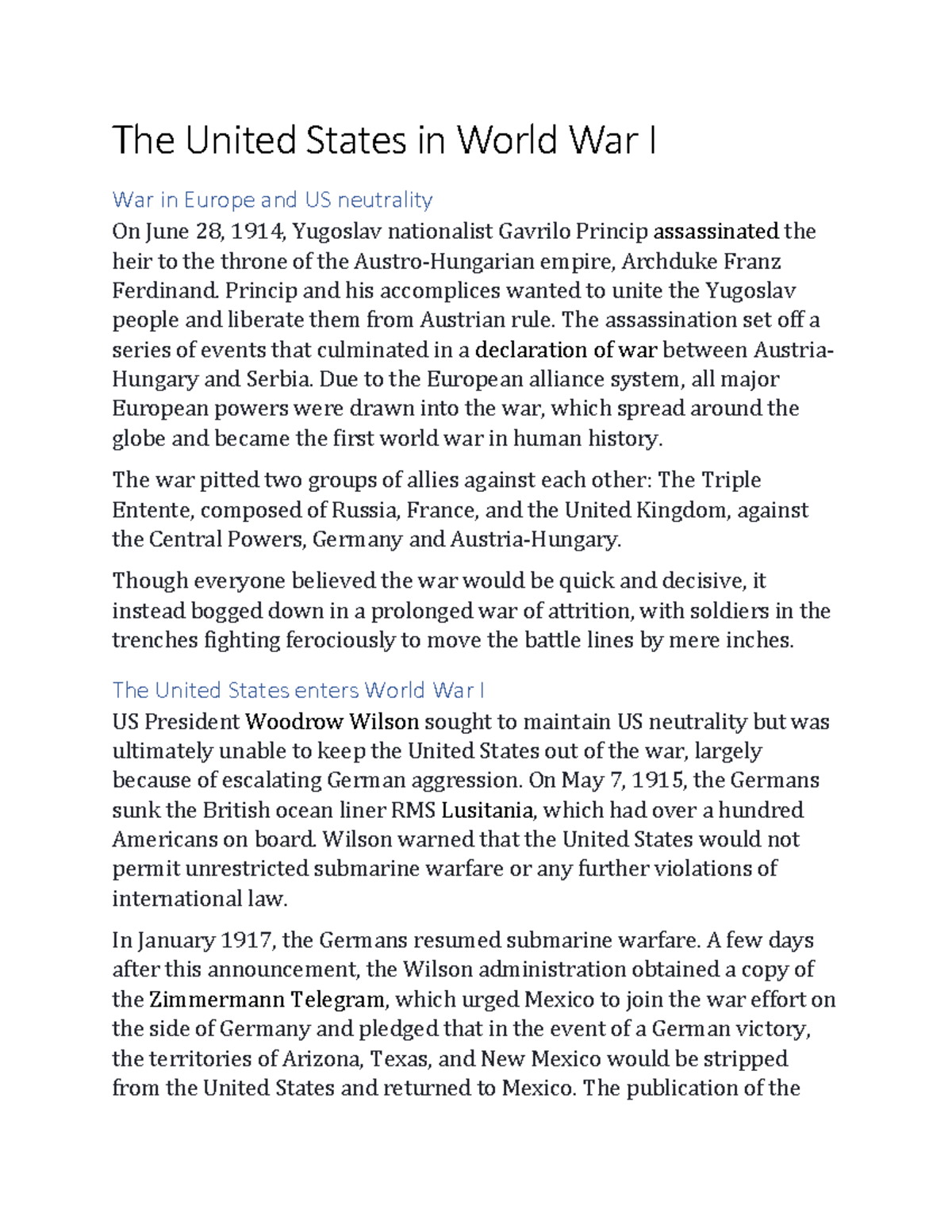 The United States in World War I - Studocu