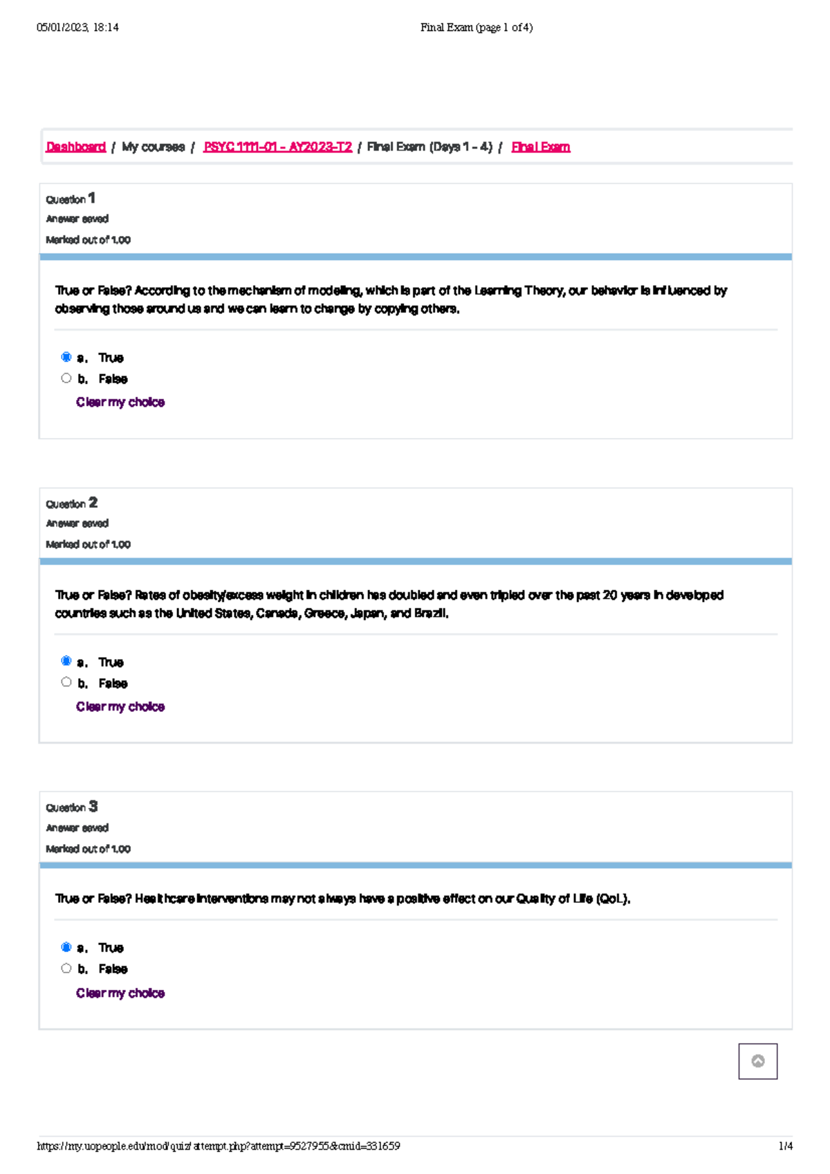 Final Exam (page 1 of 4) - Question 1 Answer saved Marked out of 1. 00 ...