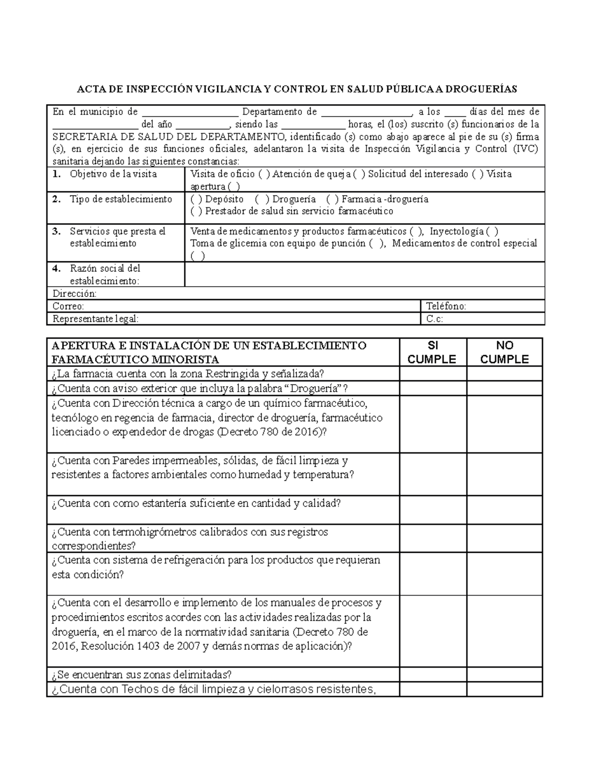 Formato Control - ACTA DE INSPECCIÓN VIGILANCIA Y CONTROL EN SALUD ...