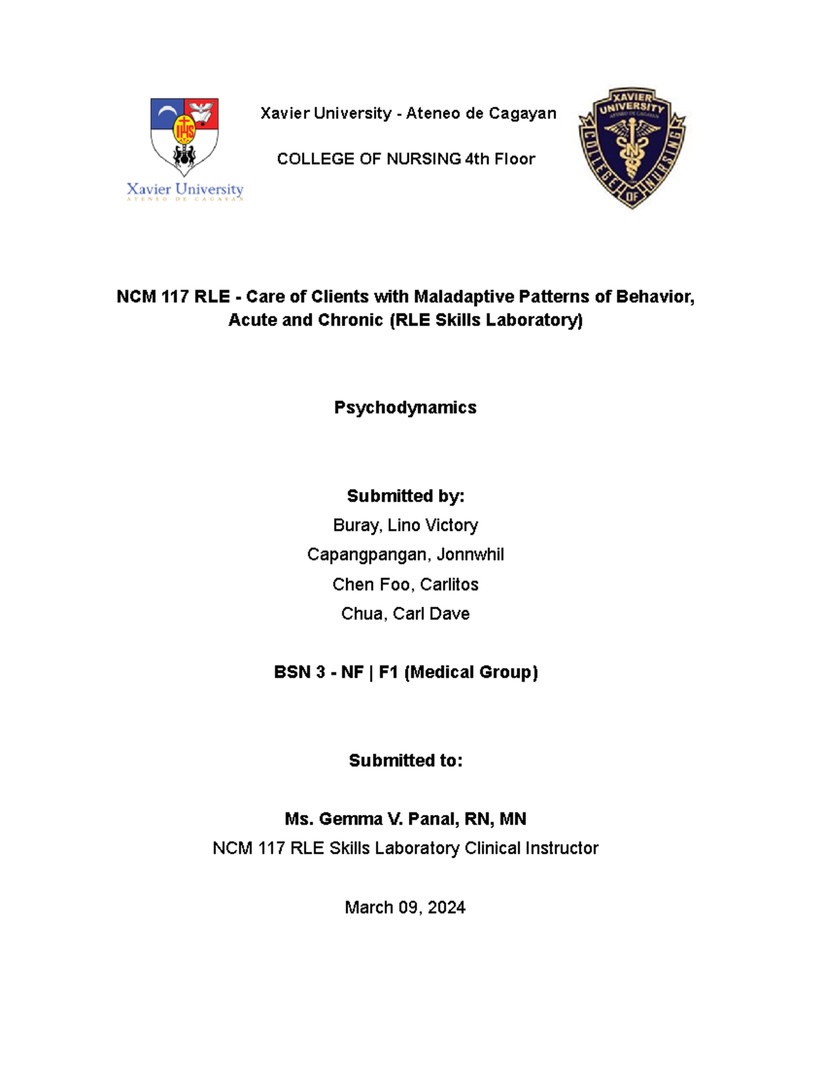 CHEN FOO Psychodynamics Form - Xavier University - Ateneo de Cagayan ...