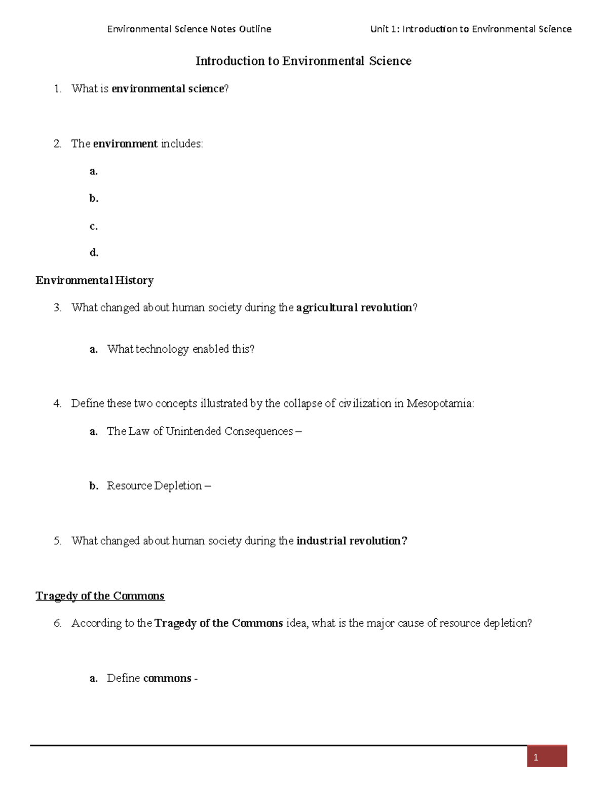 Introduction to Environmental Science Lecture Notes Outline ...