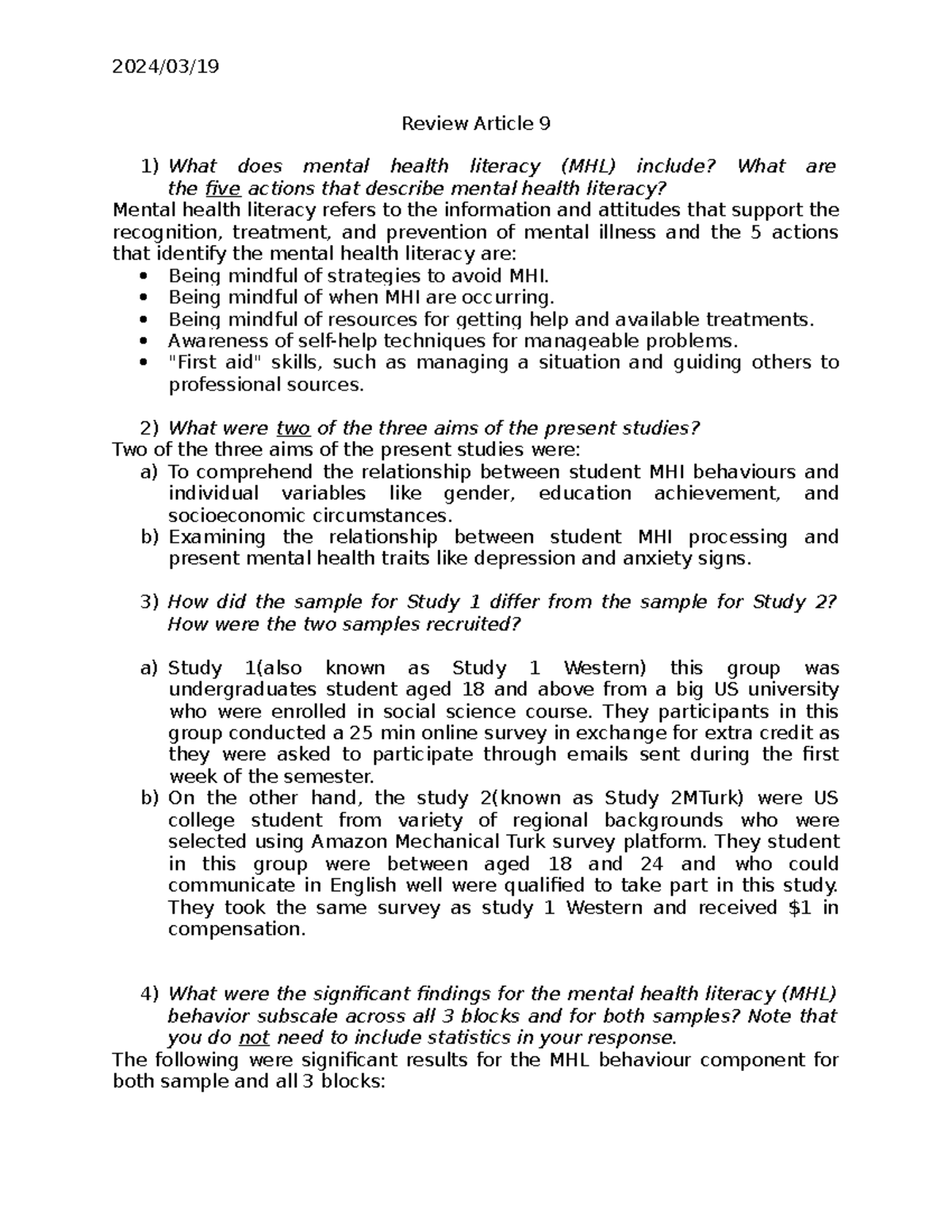 Review Article 9 - The answer for the course work. - 2024/03/ Review ...
