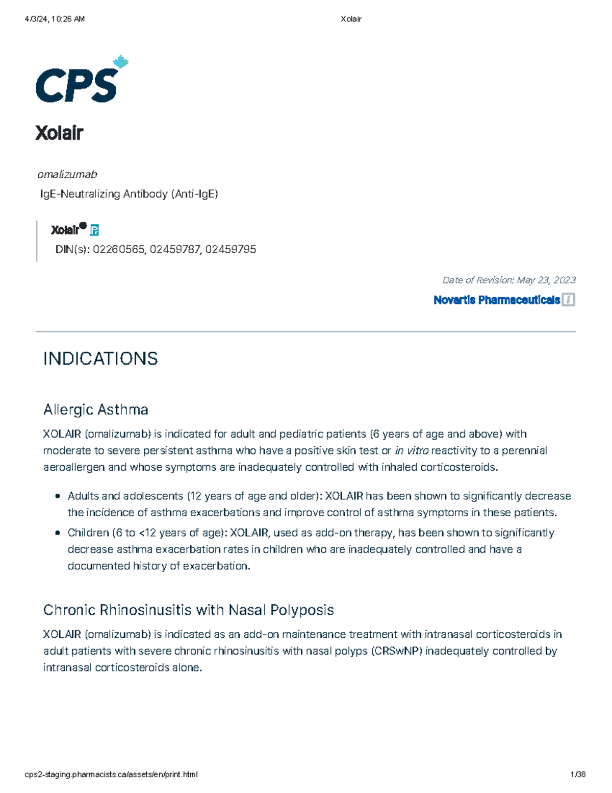 Xolair - assignment 1 - Date of Revision: May 23, 2023 Novartis ...