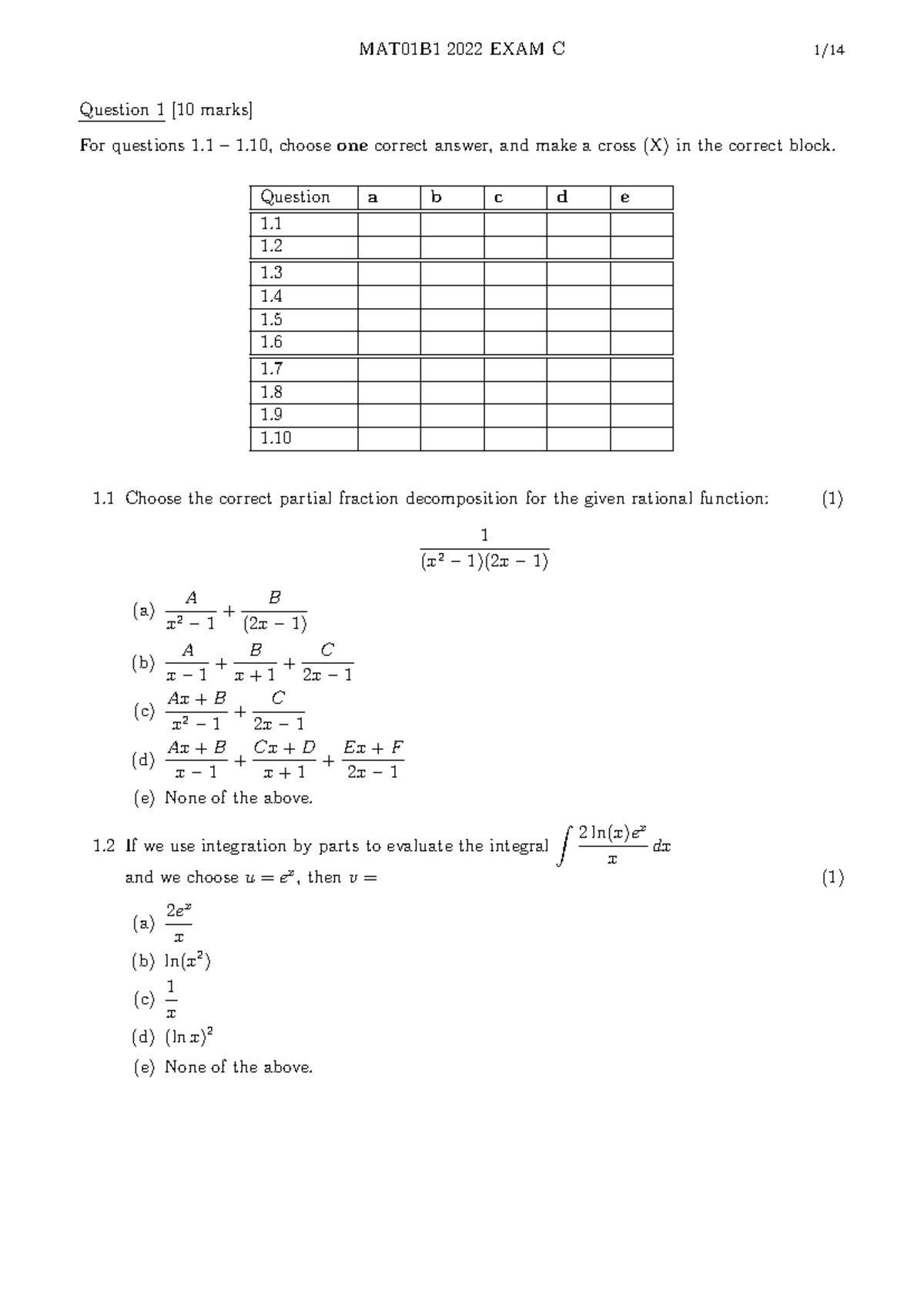 MAT01B1-MAT1B01 - Mat01B1 Past paper 2022 - Question 1 [10 marks] For ...