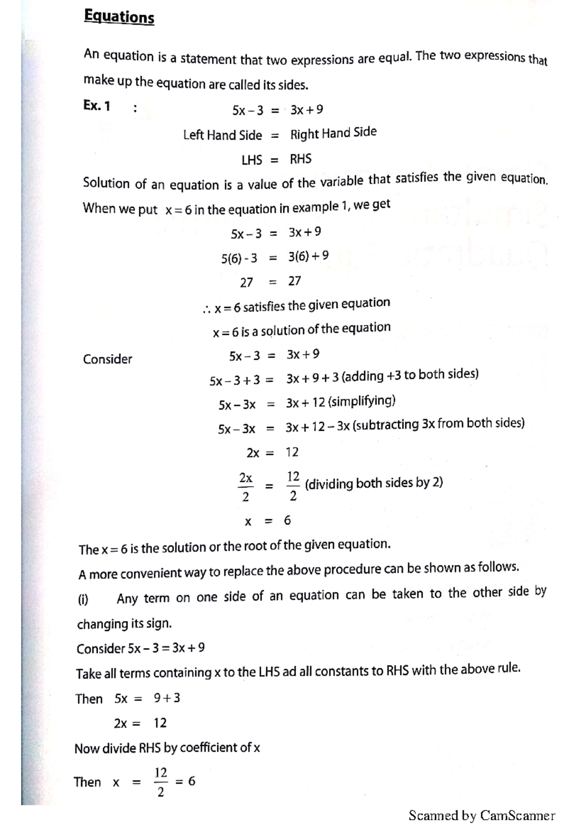 Equations - 1st year maths notes - Equations An equation is a statement ...