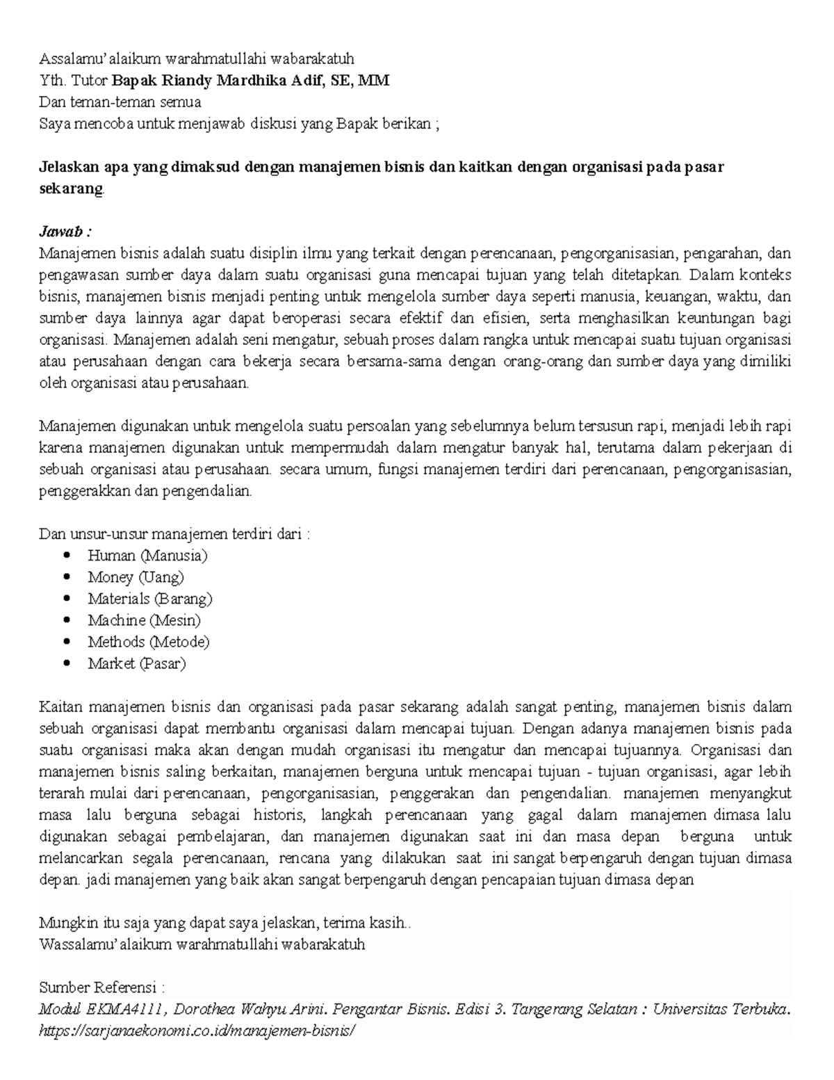 Diskusi Sesi 5 MK Pengantar Bisnis - Assalamu’alaikum warahmatullahi wabarakatuh Yth. Tutor ...