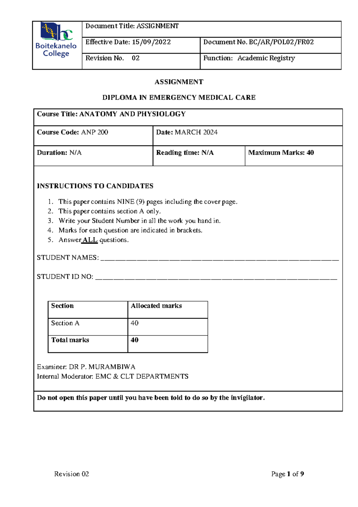 2b Assignment Question Paper - Effective Date: 1 5 /0 9 /2 022 Document ...