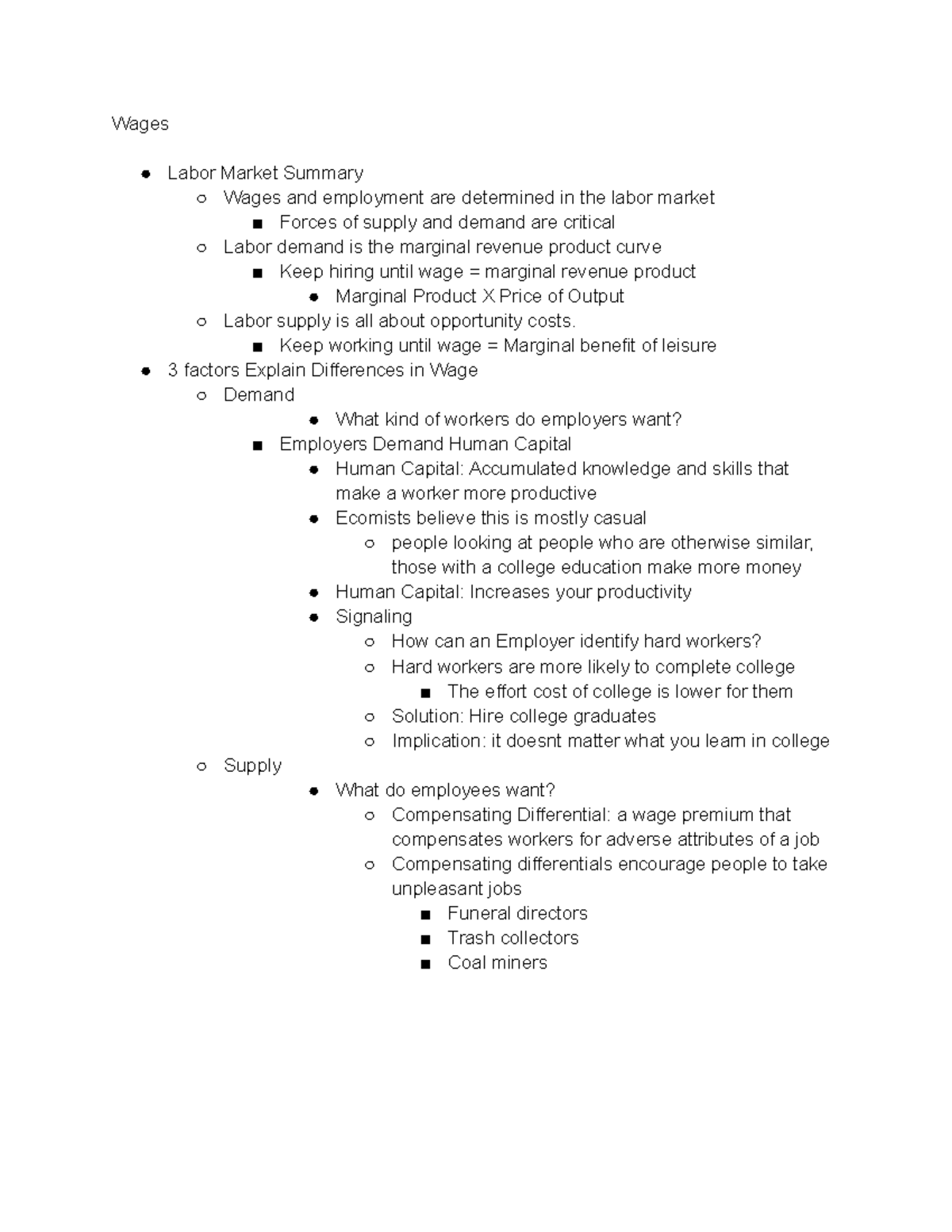 Wages Lecture Notes - Wages Labor Market Summary Wages and employment ...