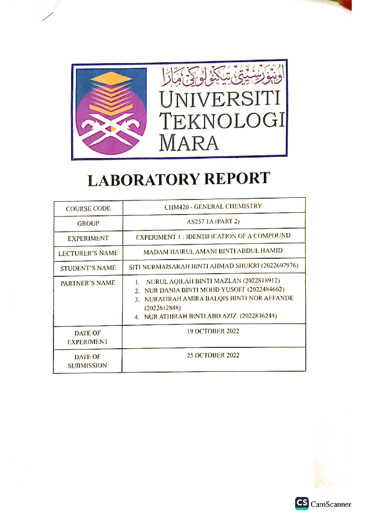 Lab report experiment 1 - General Chemistry - UiTM Shah Alam - Studocu