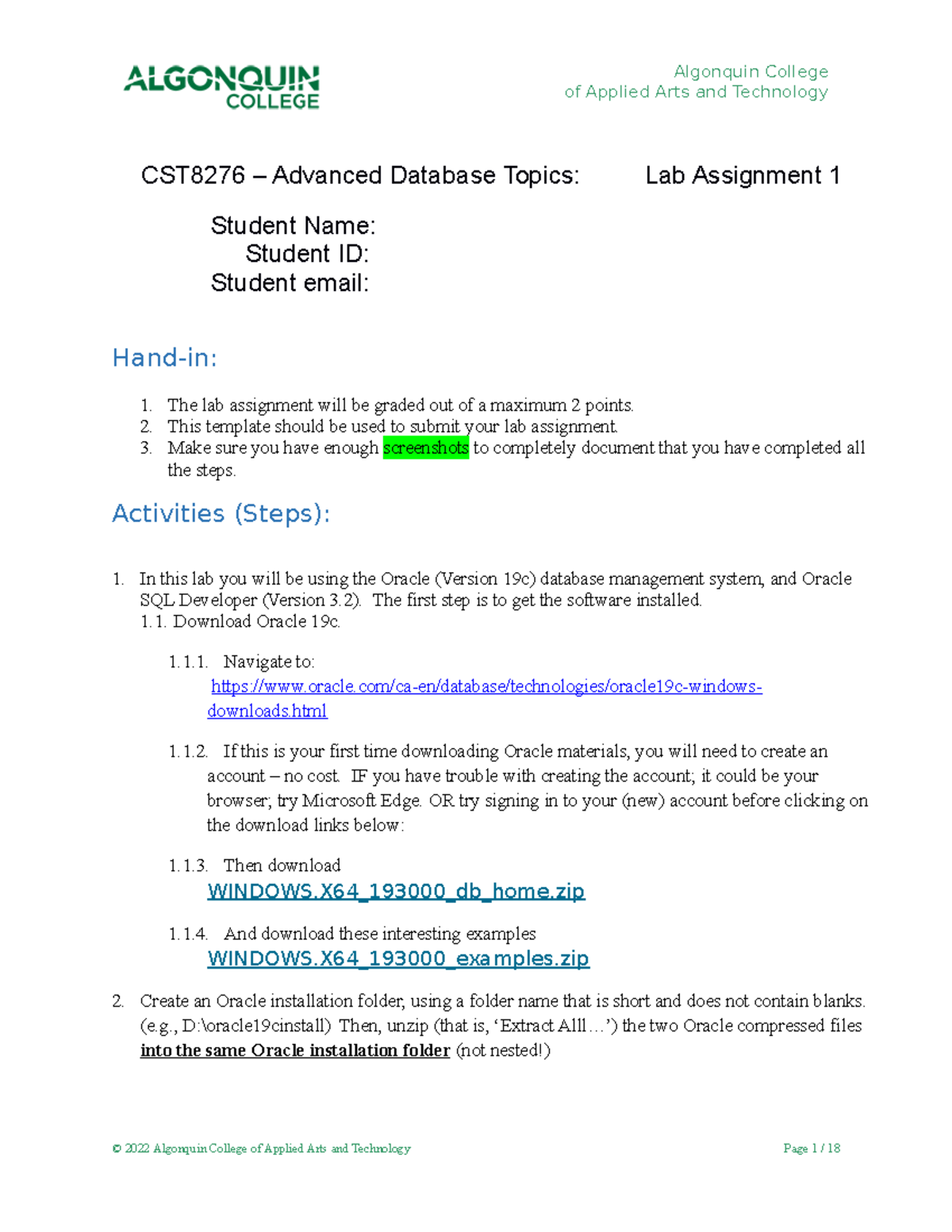 CST8276-Lab01 copy - Practical Laboratory 1 - CST8276 – Advanced Database Topics: Lab Assignment ...