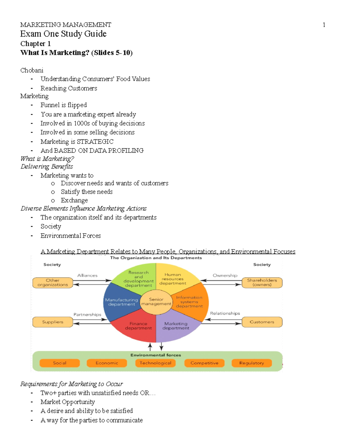 Exam One Study Guide Marketing - MARKETING MANAGEMENT Exam One Study ...