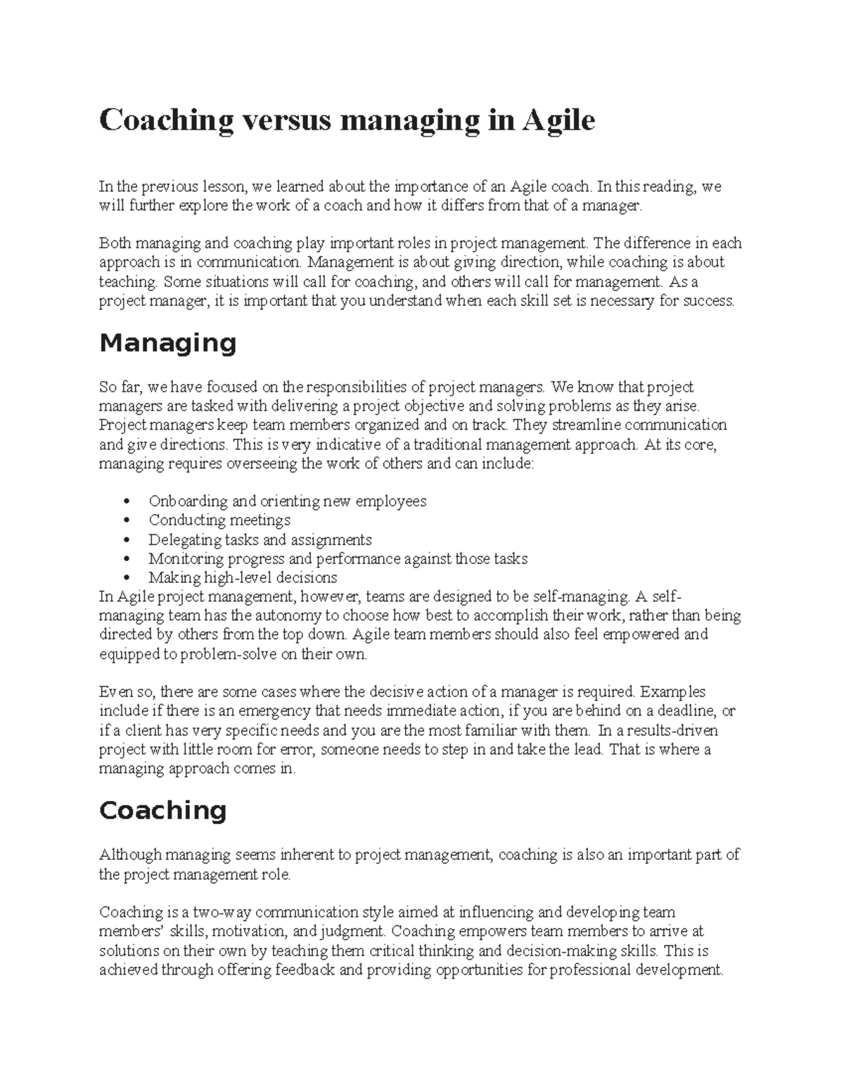 03 Coaching versus managing in Agile - In this reading, we will further ...