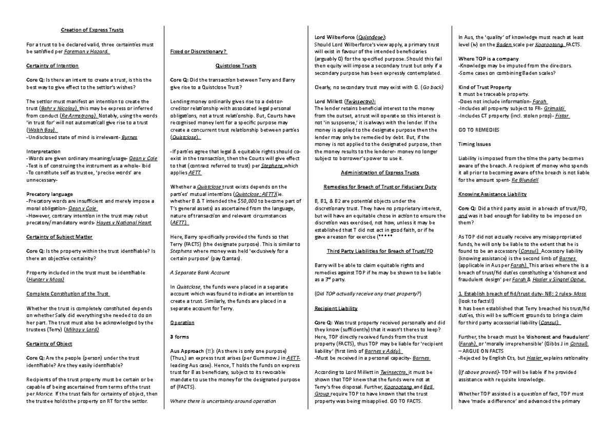 Equity Law cheat sheet - Creation of Express Trusts For a trust to be ...