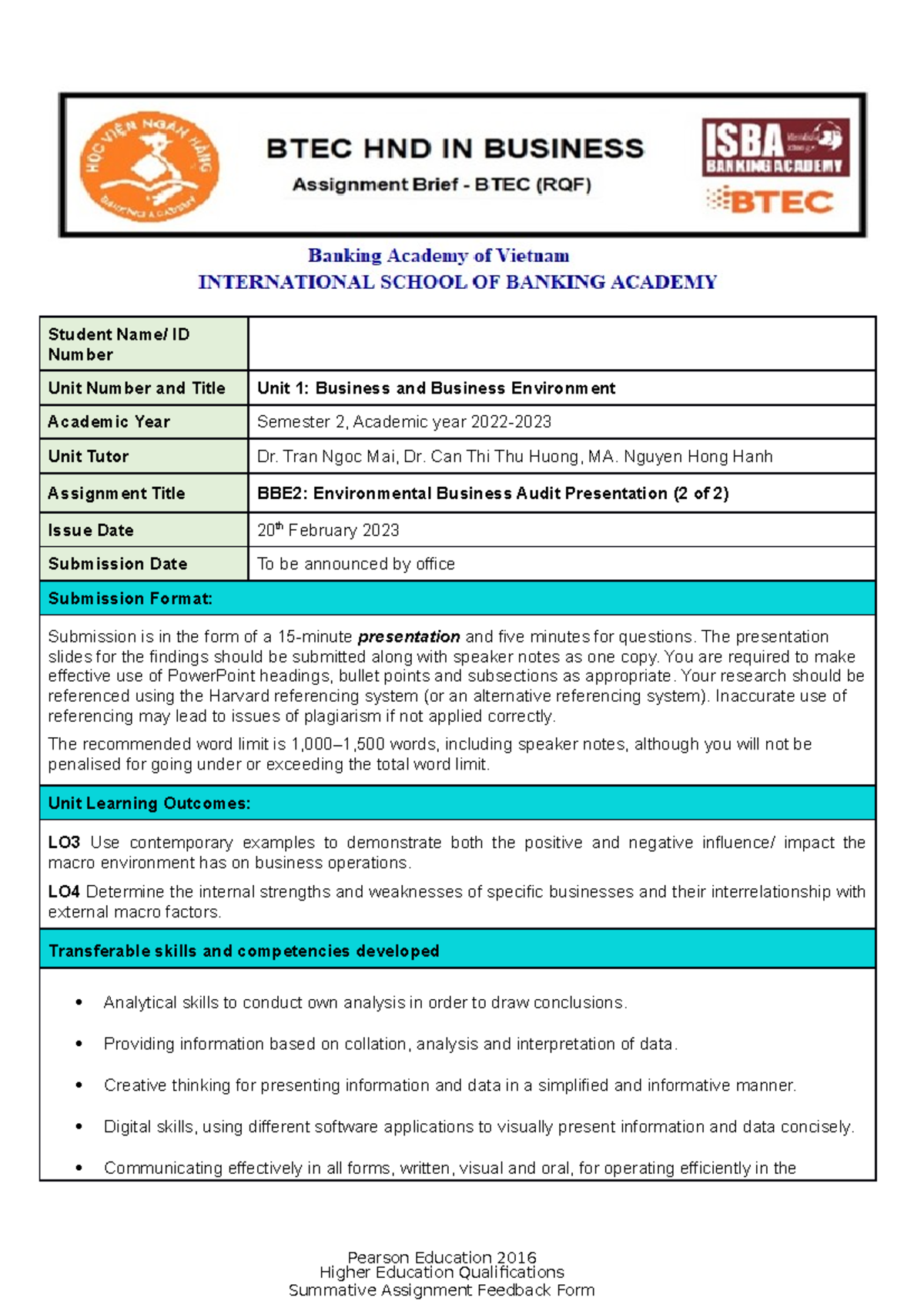 BBE Assignment 2 (F15) - Student Name/ ID Number Unit Number and Title Unit 1: Business and ...