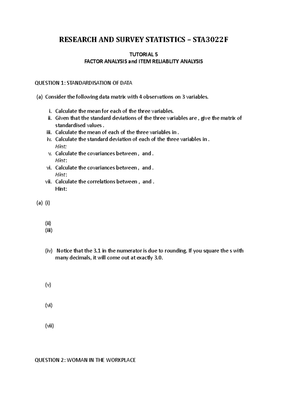 STA3022 Tut 5 Item reliability analysis Solutions - RESEARCH AND SURVEY ...