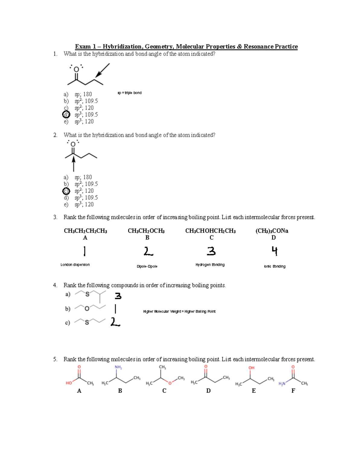 Practice Set #1 - Exam 1 3 Hybridization, Geometry, Molecular ...