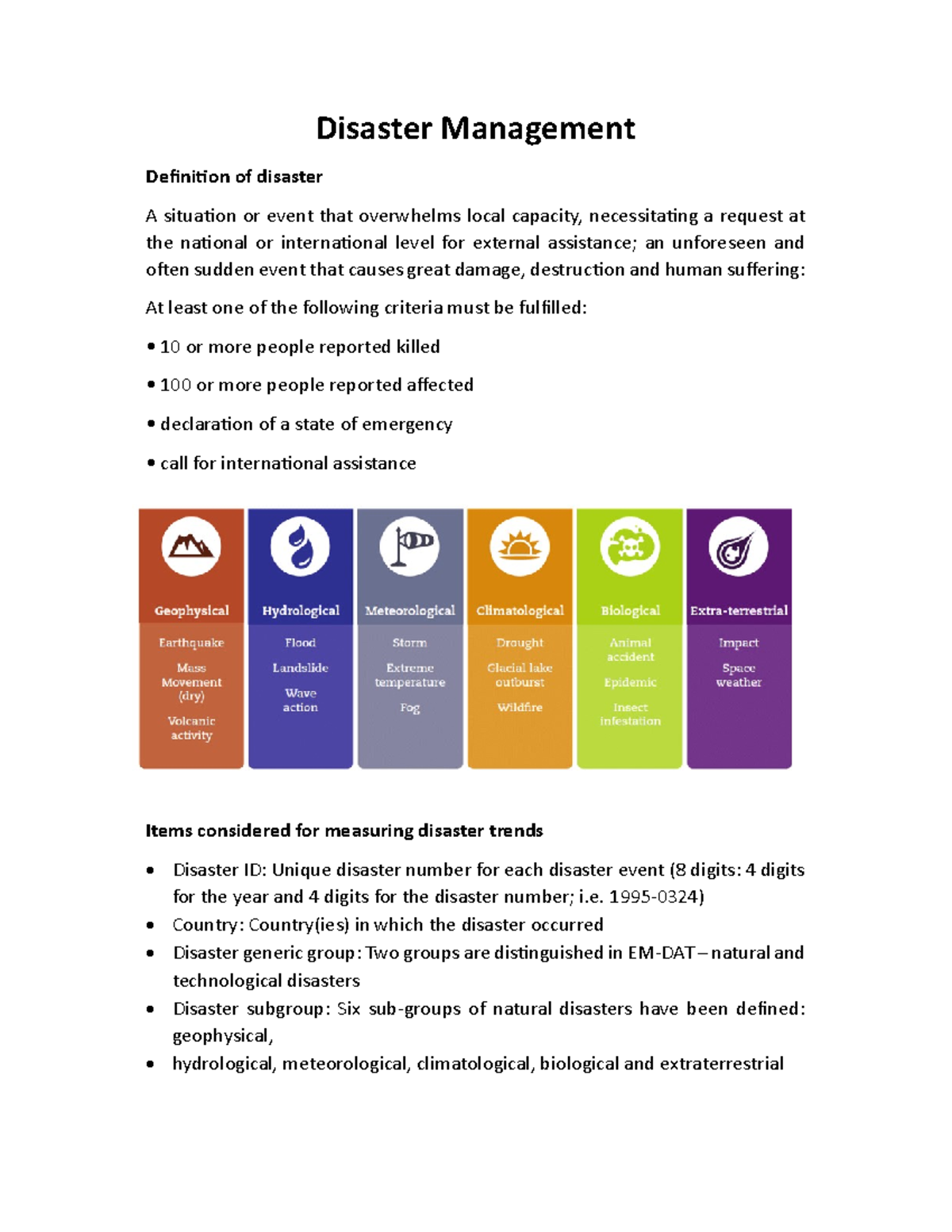 Disaster management - Disaster Management DefiniƟon of disaster A ...