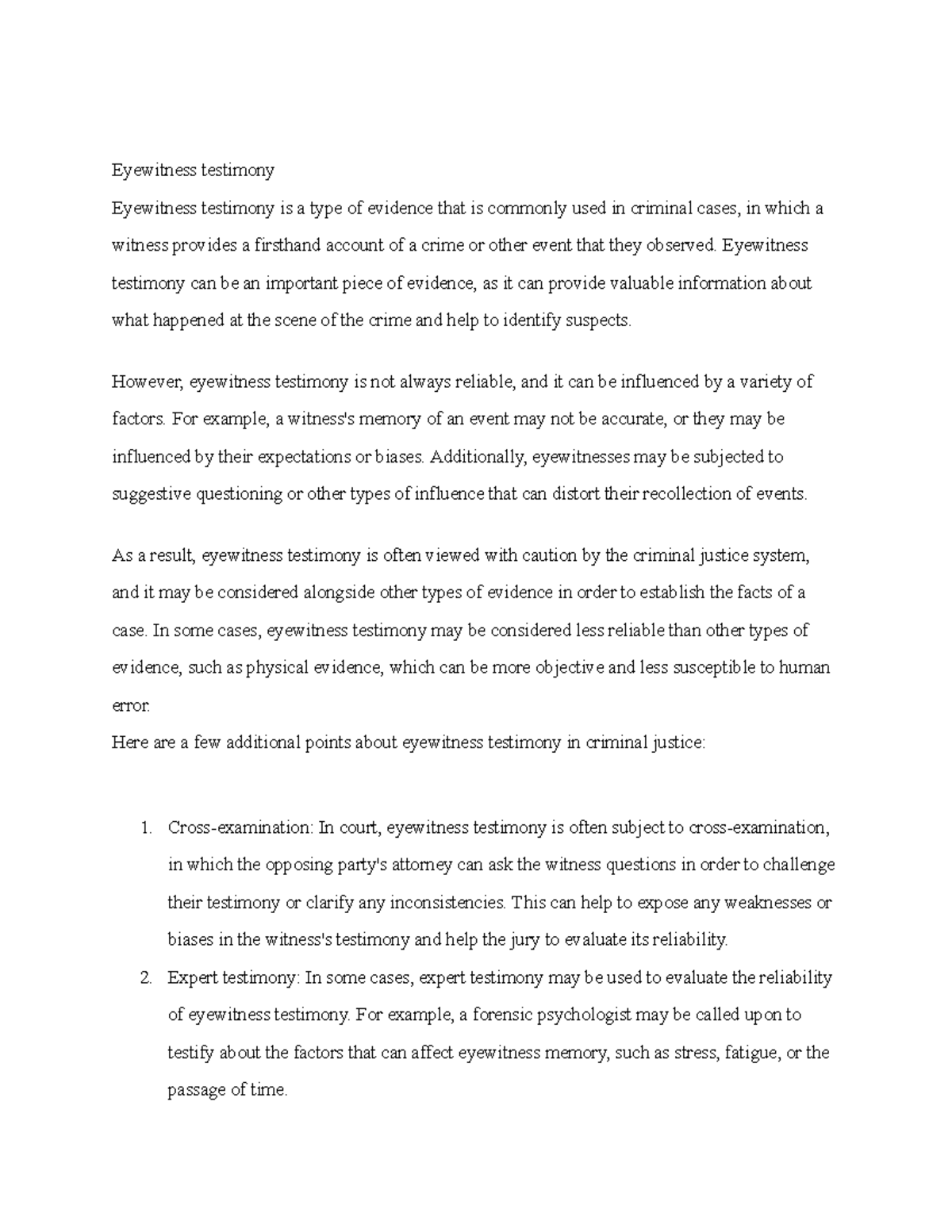 Criminal justice(Eyewitness testimony) - Eyewitness testimony ...